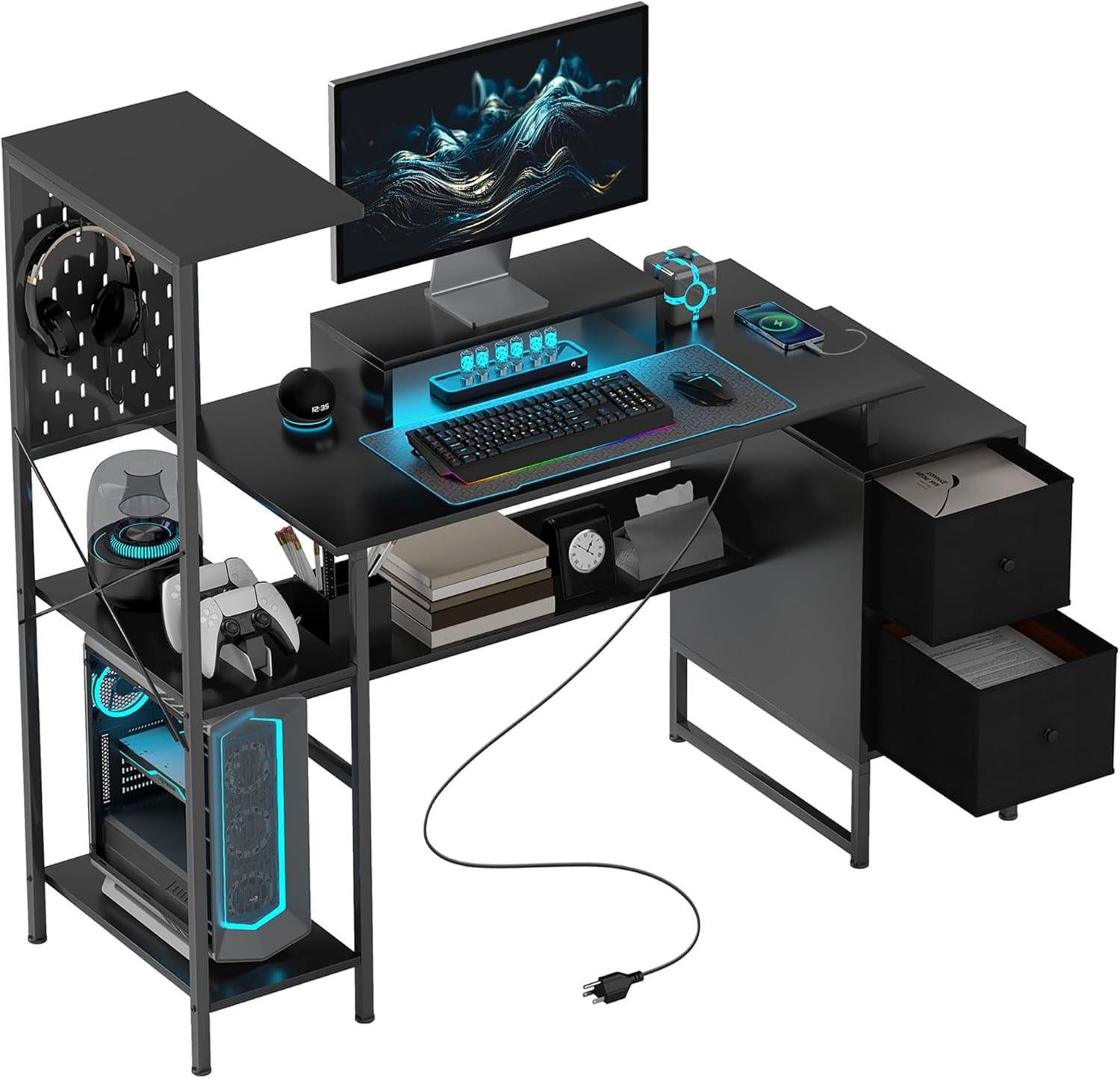 LEHOME 56" Gaming Desk with Monitor Stand, Power Outlets and LED Lights ...