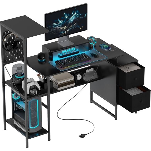 LEHOME 56" Gaming Desk with Monitor Stand, Power Outlets and LED Lights ...