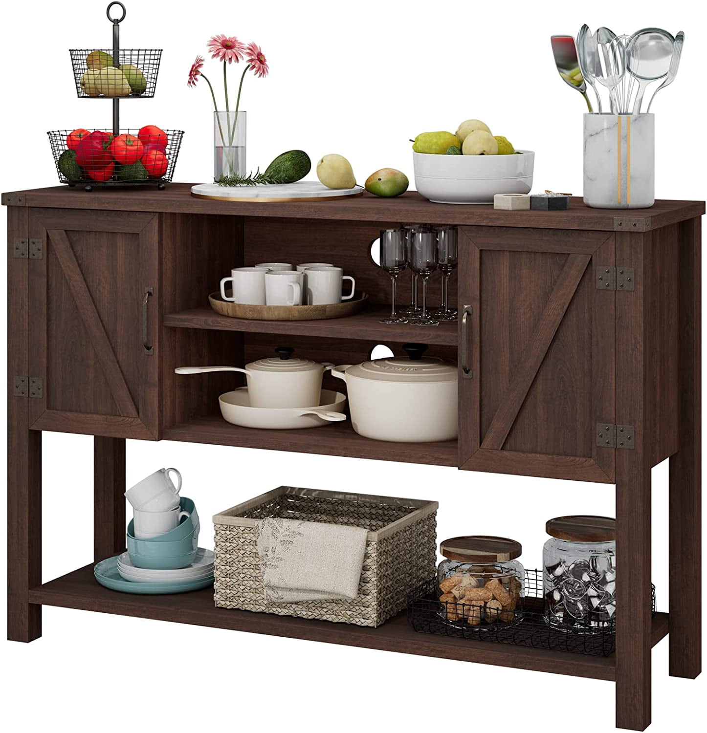 LEHOME Buffet Sideboard, Farmhouse Wood Cupboard w/ 2 Storage Cabinets ...