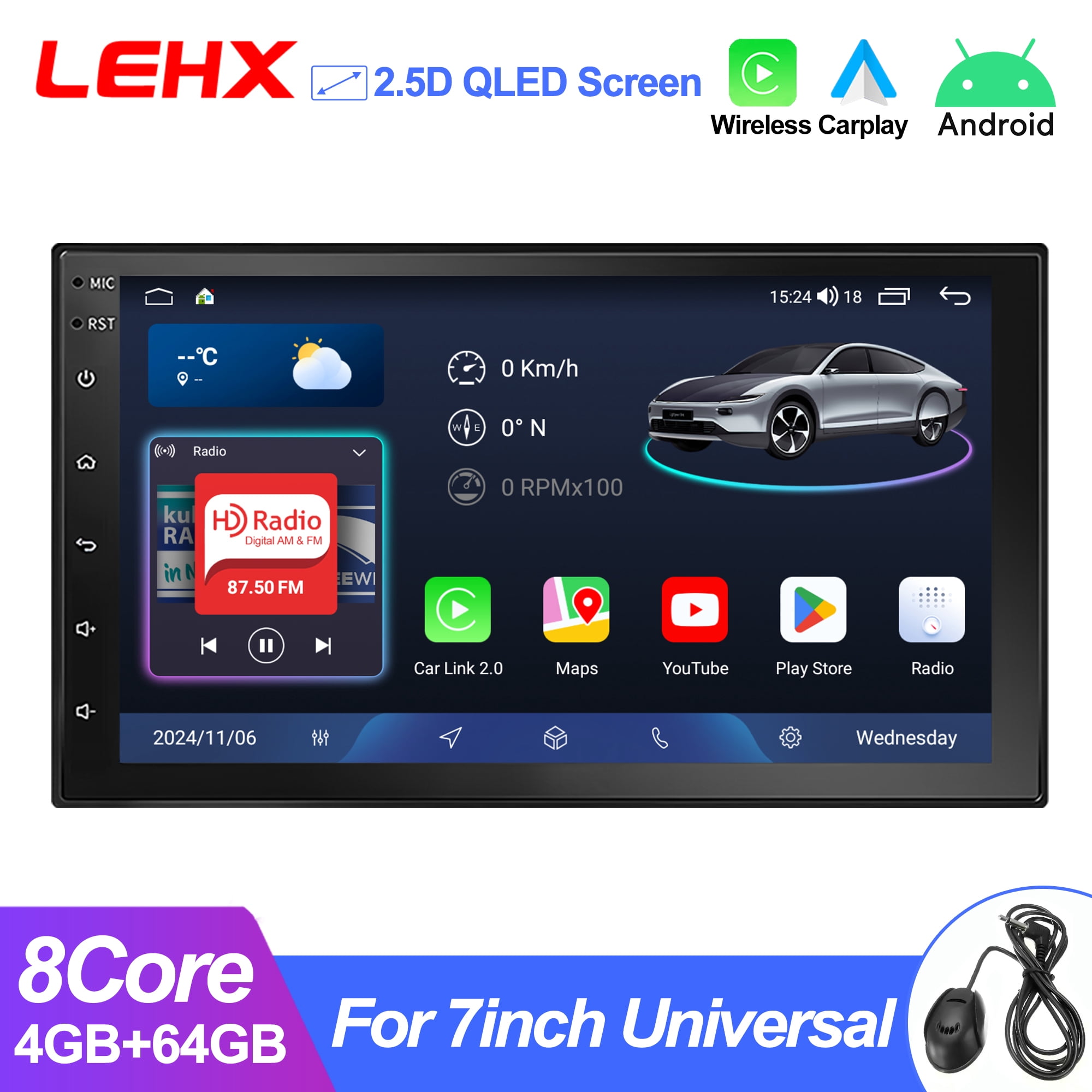 LEHX 8 Core 4G+64G 7inch Double Din Car Stereo Android 15 Wireless ...