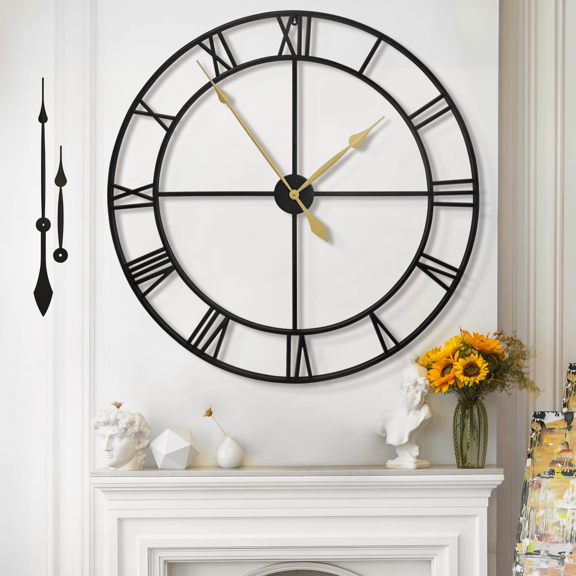 LEIKE 40" Metal Wall Clock Extra Large Battery Operated for Home Black ...