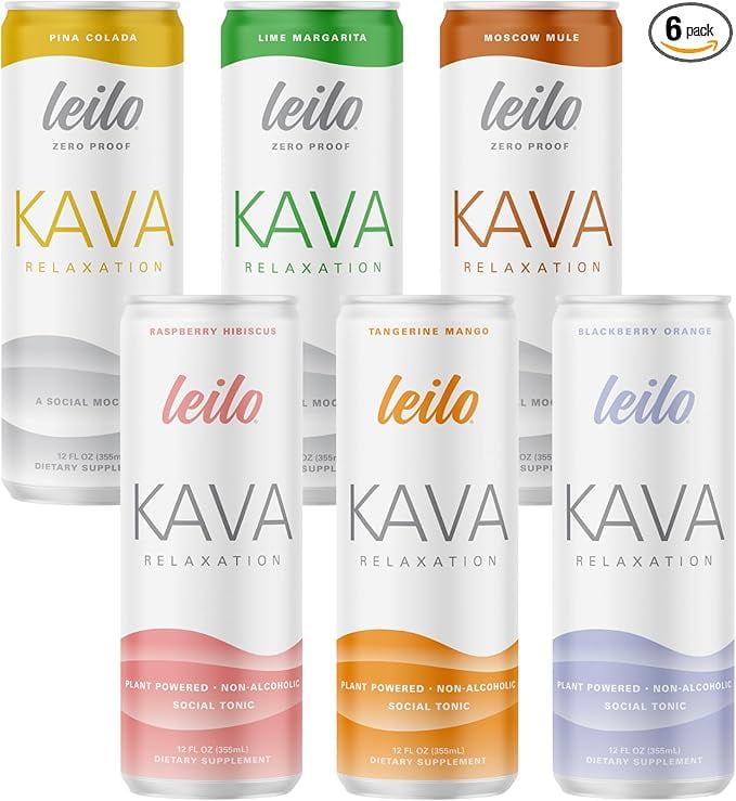 LEILO Kava Powered Sparkling Relaxation Drink Variety Sampler 6-Pack ...