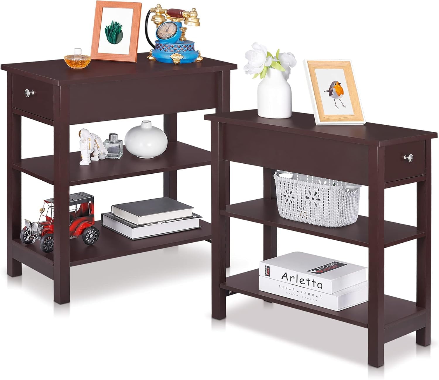 LEIYY 3 Tier Narrow Side Table Set of 2 End Tables with Drawer and ...
