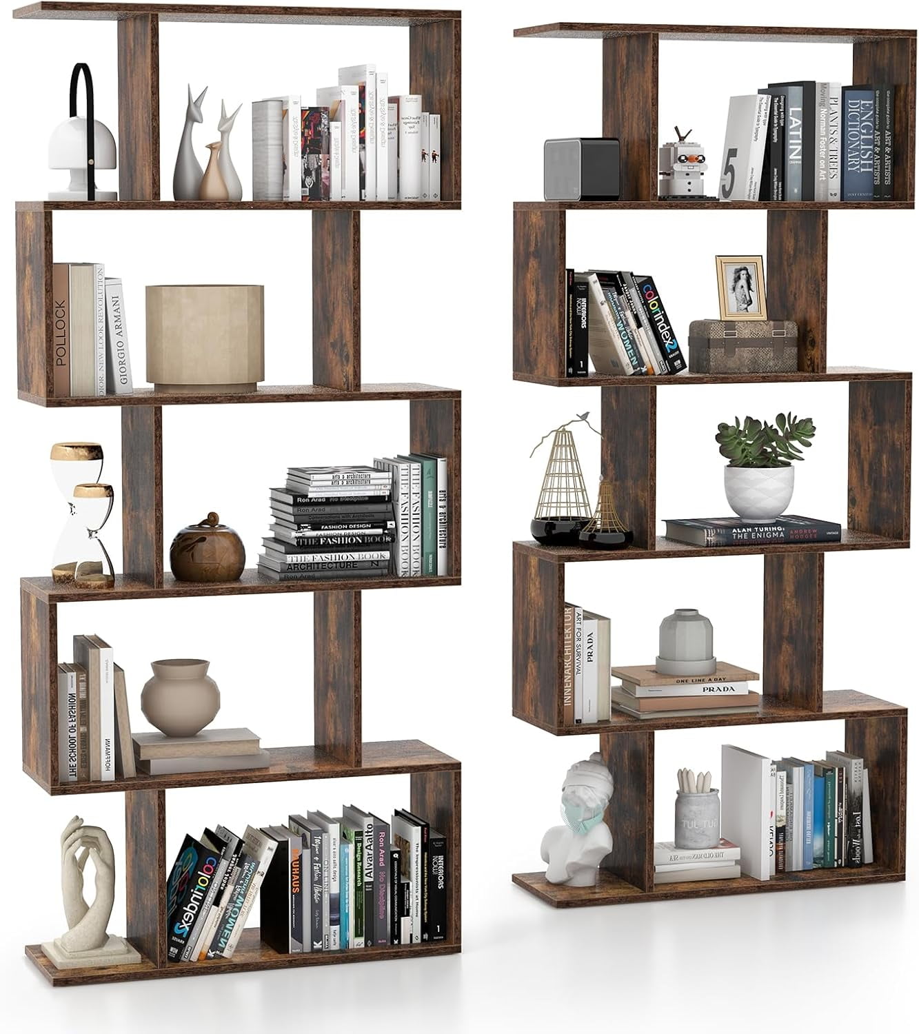 LEIYY 5-Tier Geometric Bookshelf, S Shaped Bookcase w/Anti-Toppling ...