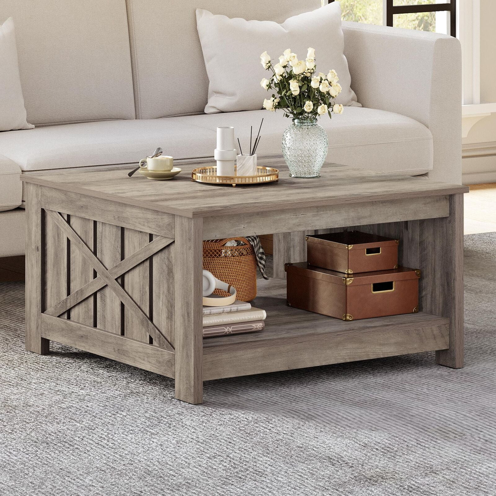 LEIYY Coffee Table Farmhouse Coffee Table with Storage Rustic Wood ...