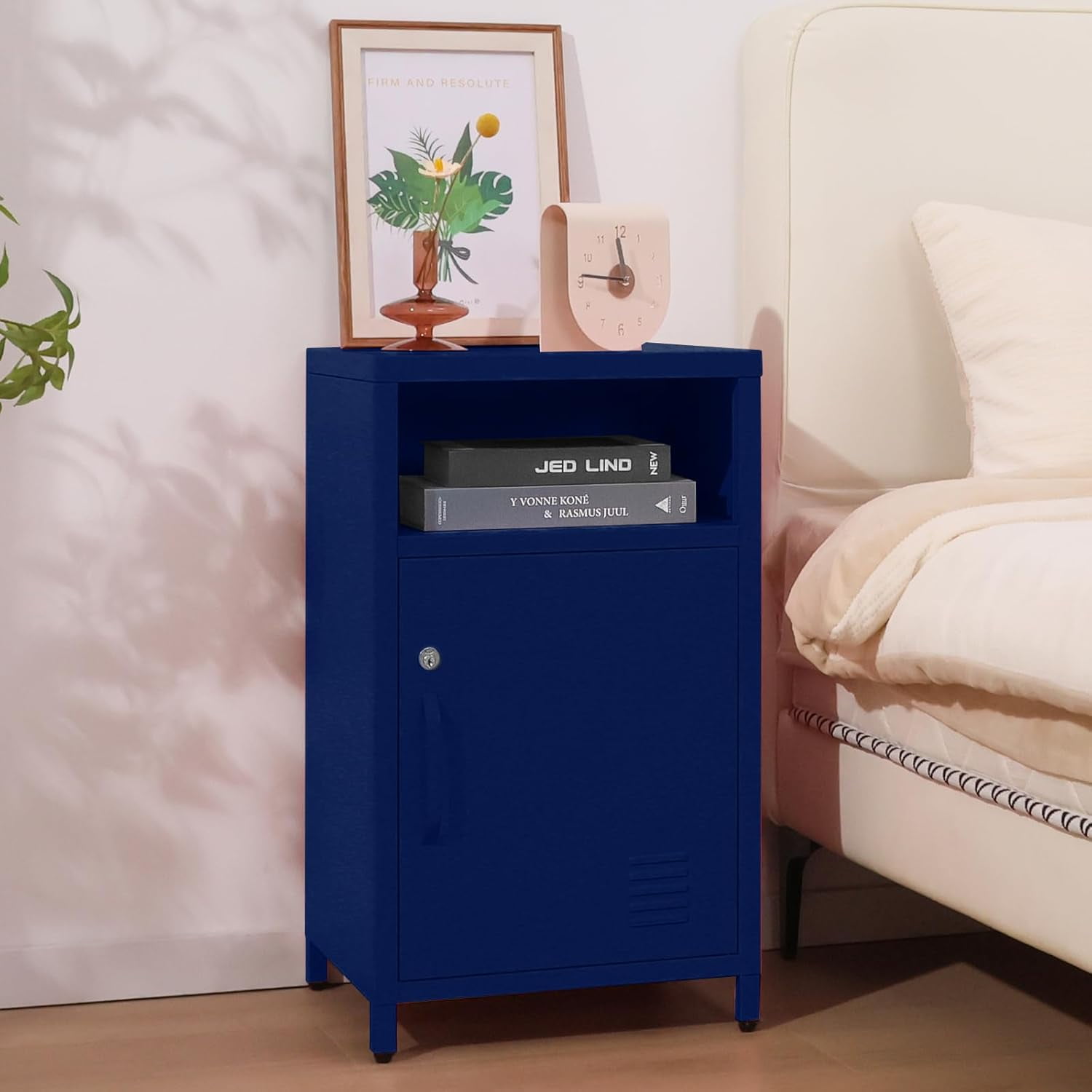 LEIYY Compact Metal Nightstand with Lockable Cabinet and Open Shelf, Modern Bedside Table ...