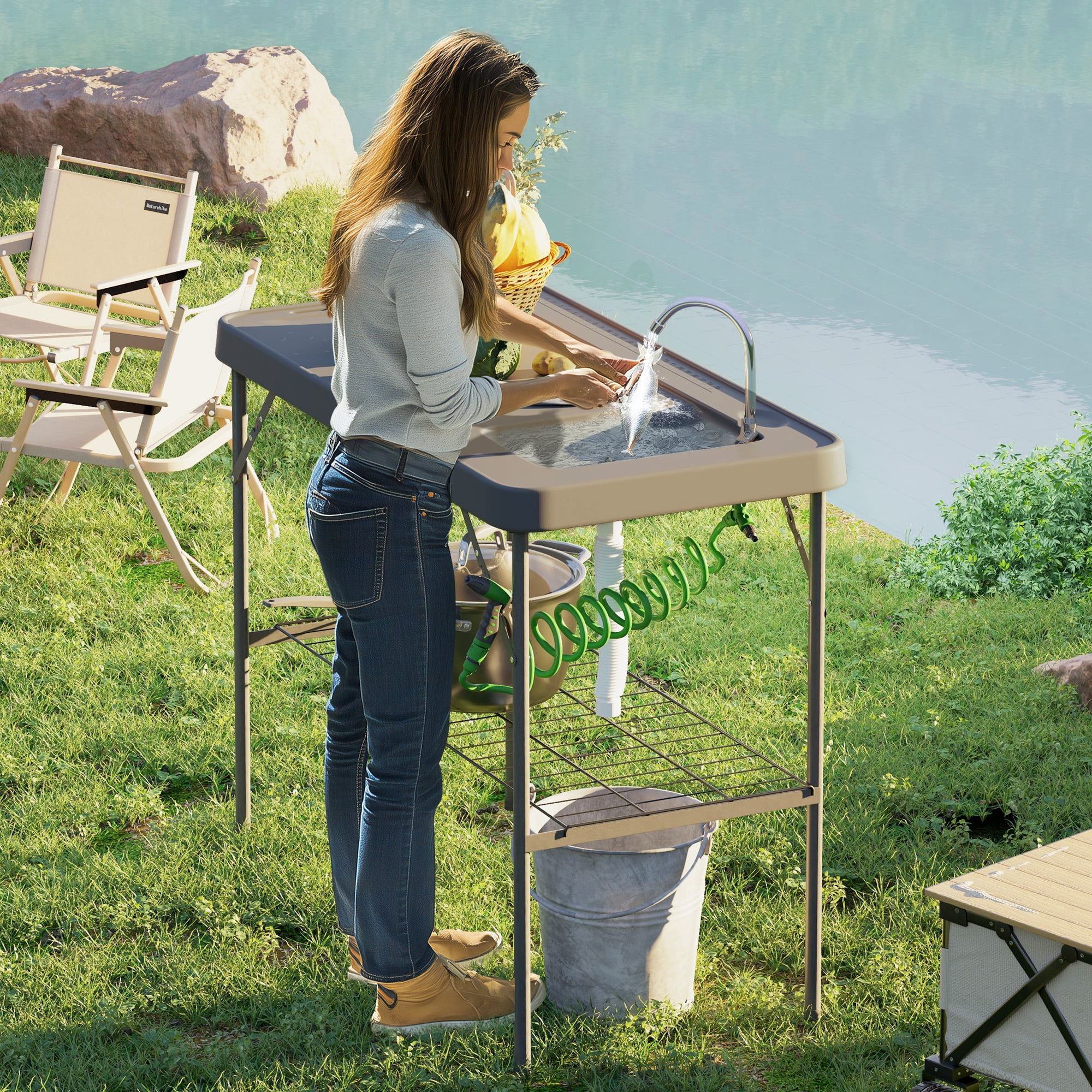 LEIYY Folding Fish Cleaning Table with Sink, Portable Camping Sink ...