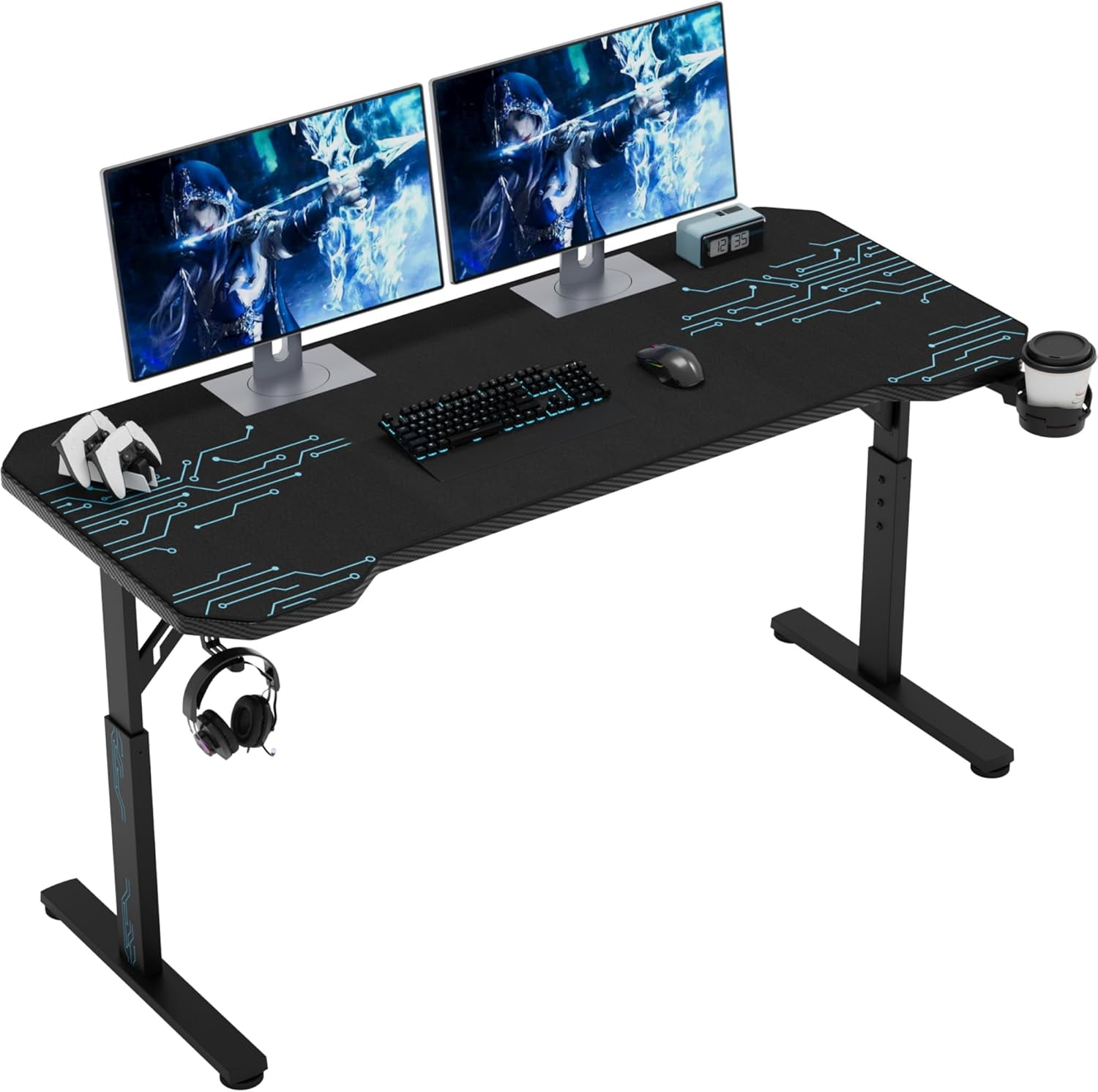 LEIYY Height Adjustable Gaming Desk Gamer Table T Shaped with Carbon ...