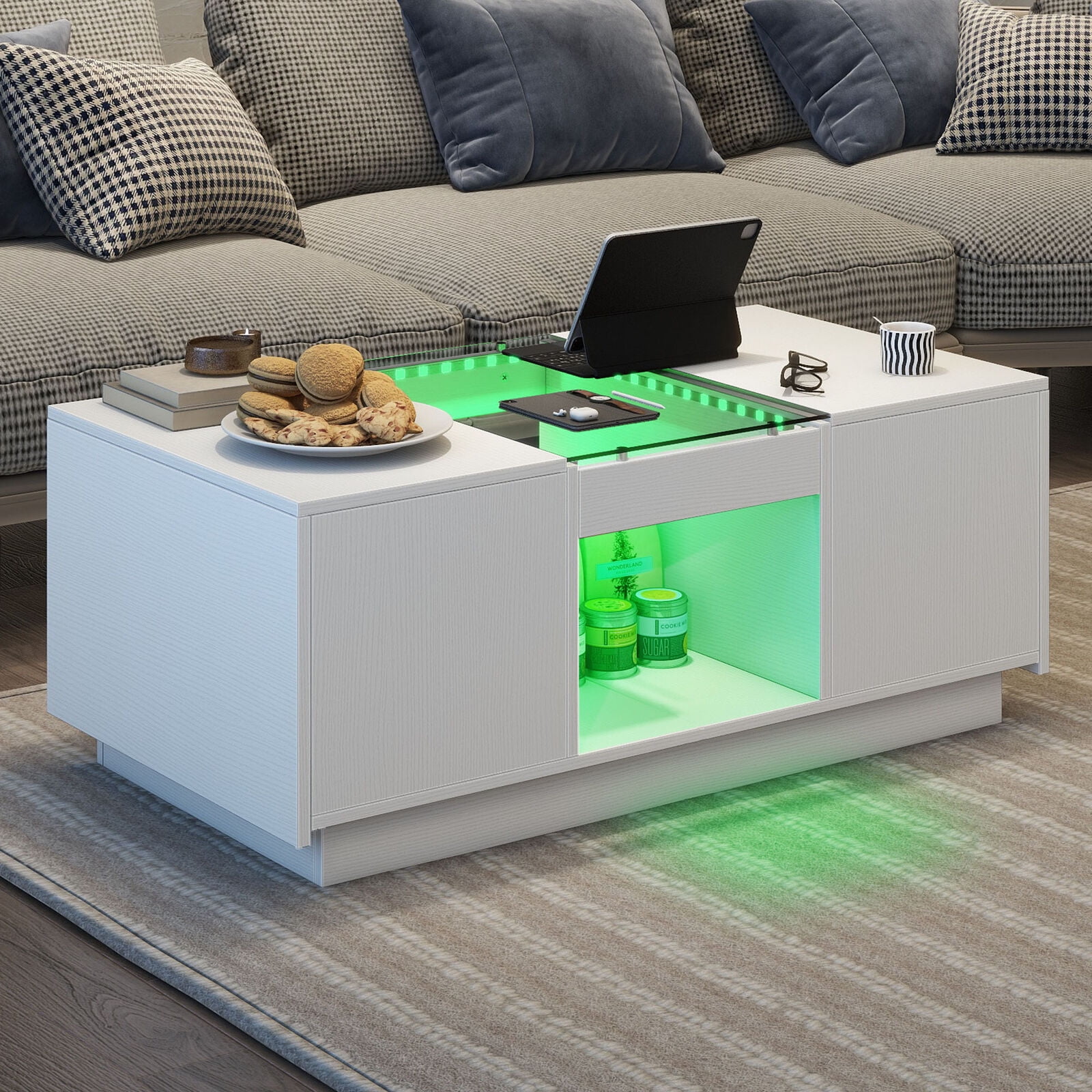 LEIYY LED Coffee Table for Living Room, Modern Coffee Table with Storage with LED Lights, 2 ...
