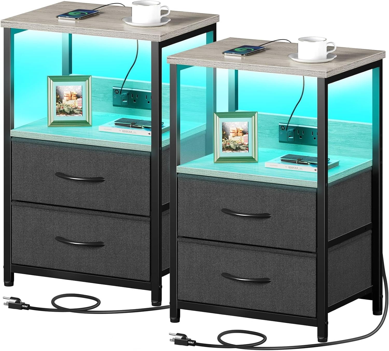 LEIYY Nightstand with Charging Station, Bedside Table with LED Lights ...