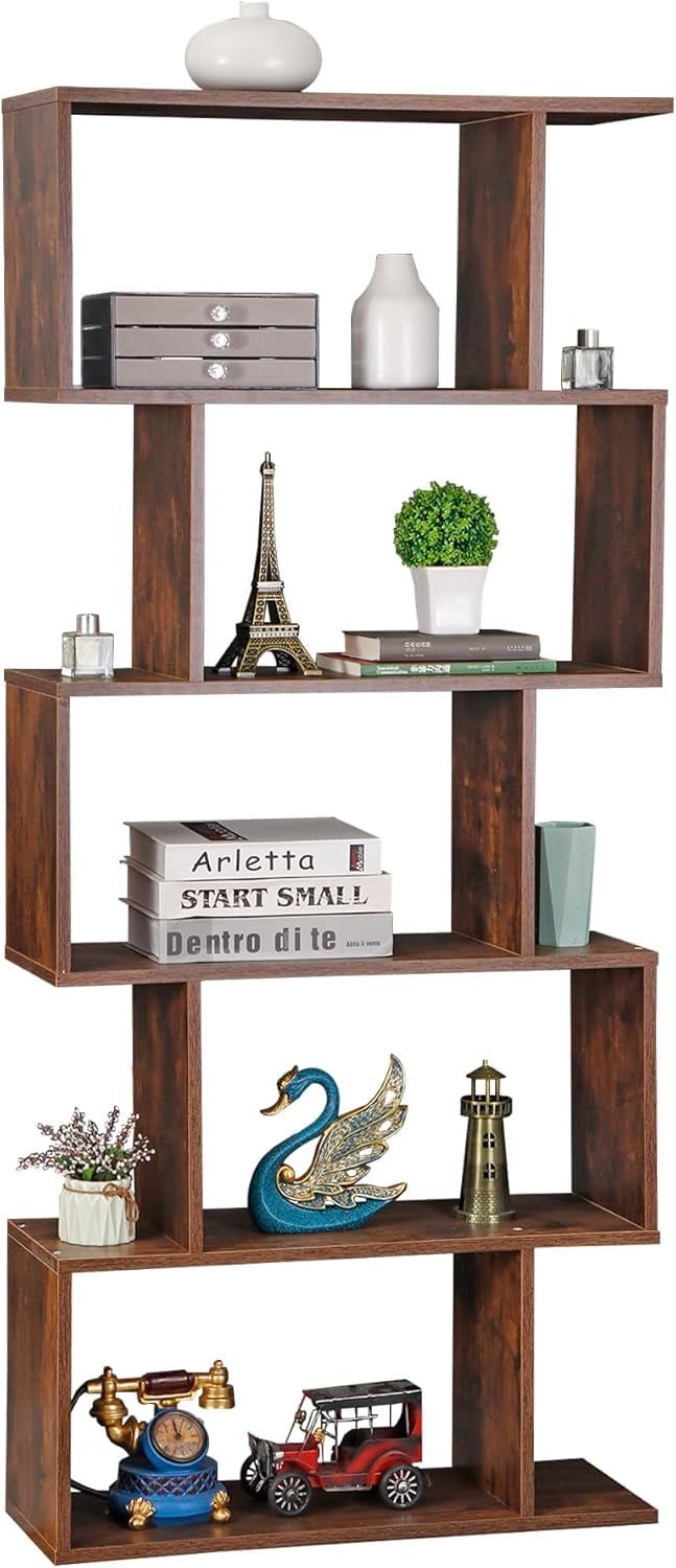 LEIYY Wood Bookcase, 5-Tier Bookshelf Geometric S-Shaped Shelf with ...