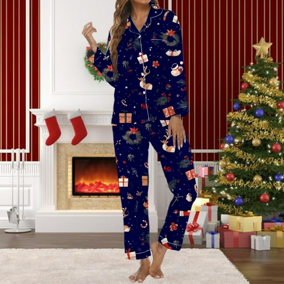 LEKDFST Christmas Pajamas for Women Set Santa Claus Printing Long ...
