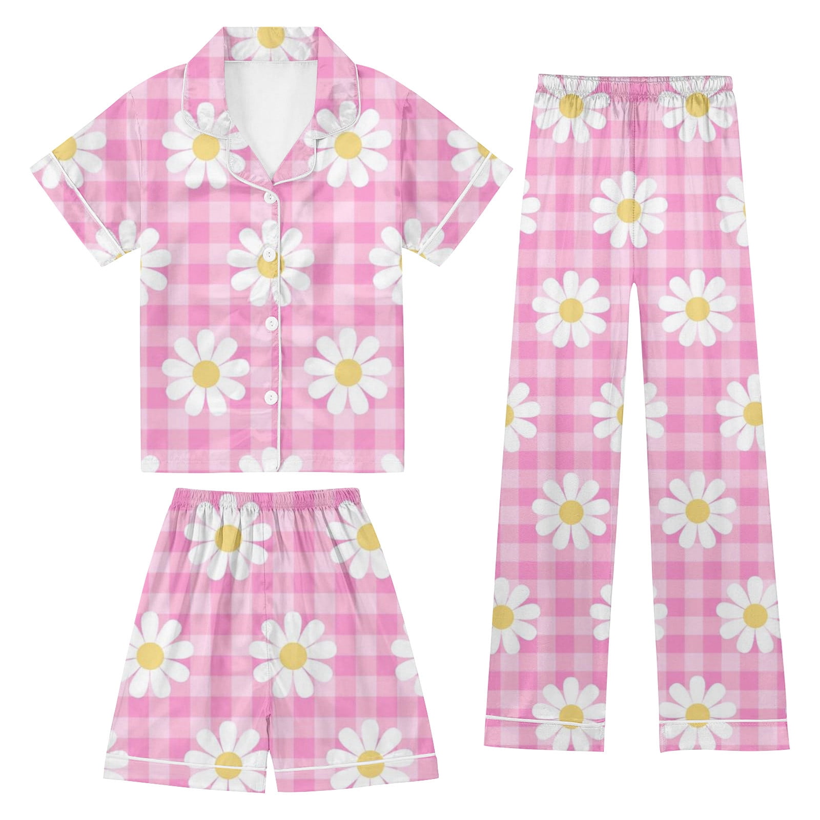 LEKDFST Girls Silk Pajamas Set Floral Print Button Down Short Sleeve ...