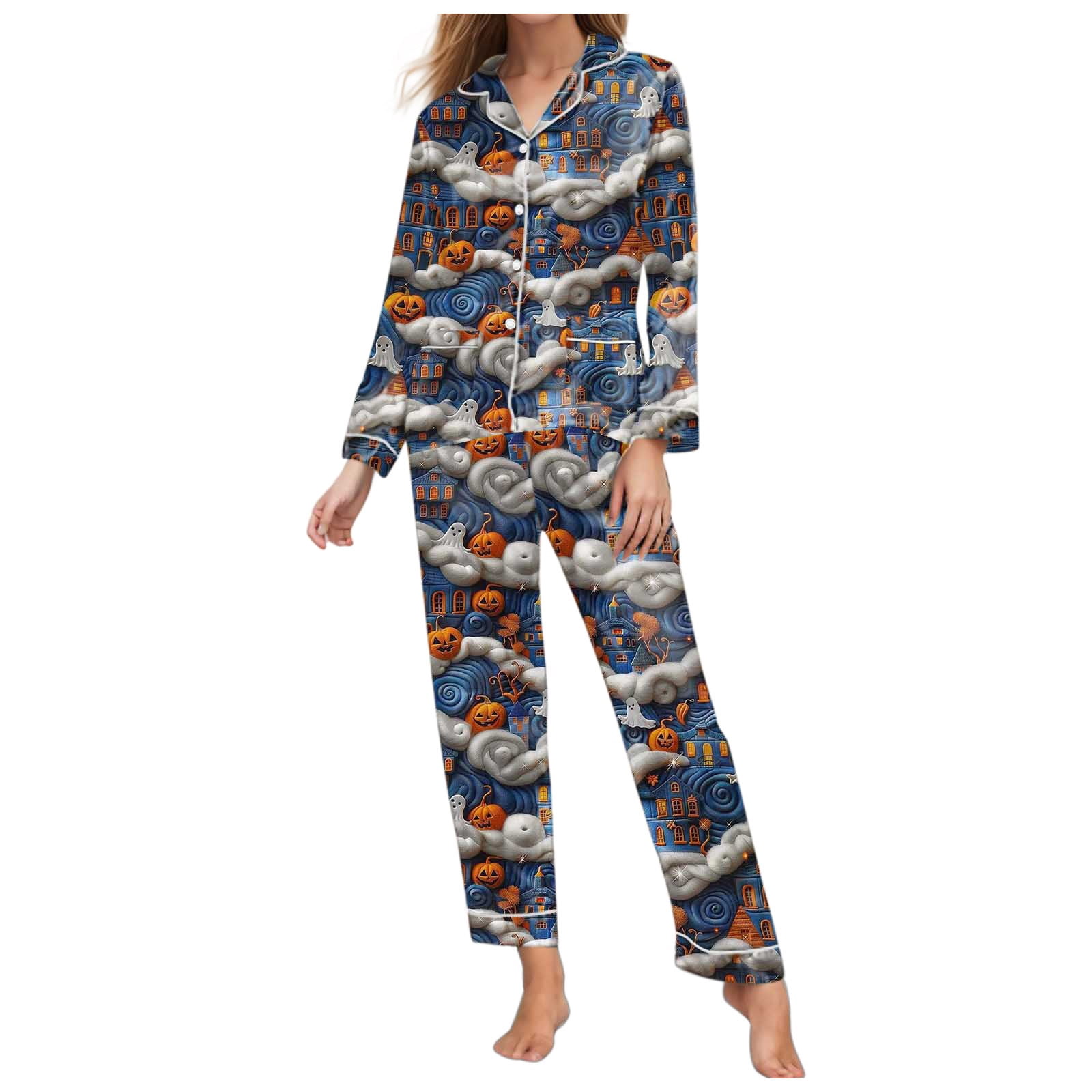 LEKDFST Halloween Pajamas for Women Set Sleepwear Cute Graphic Long ...