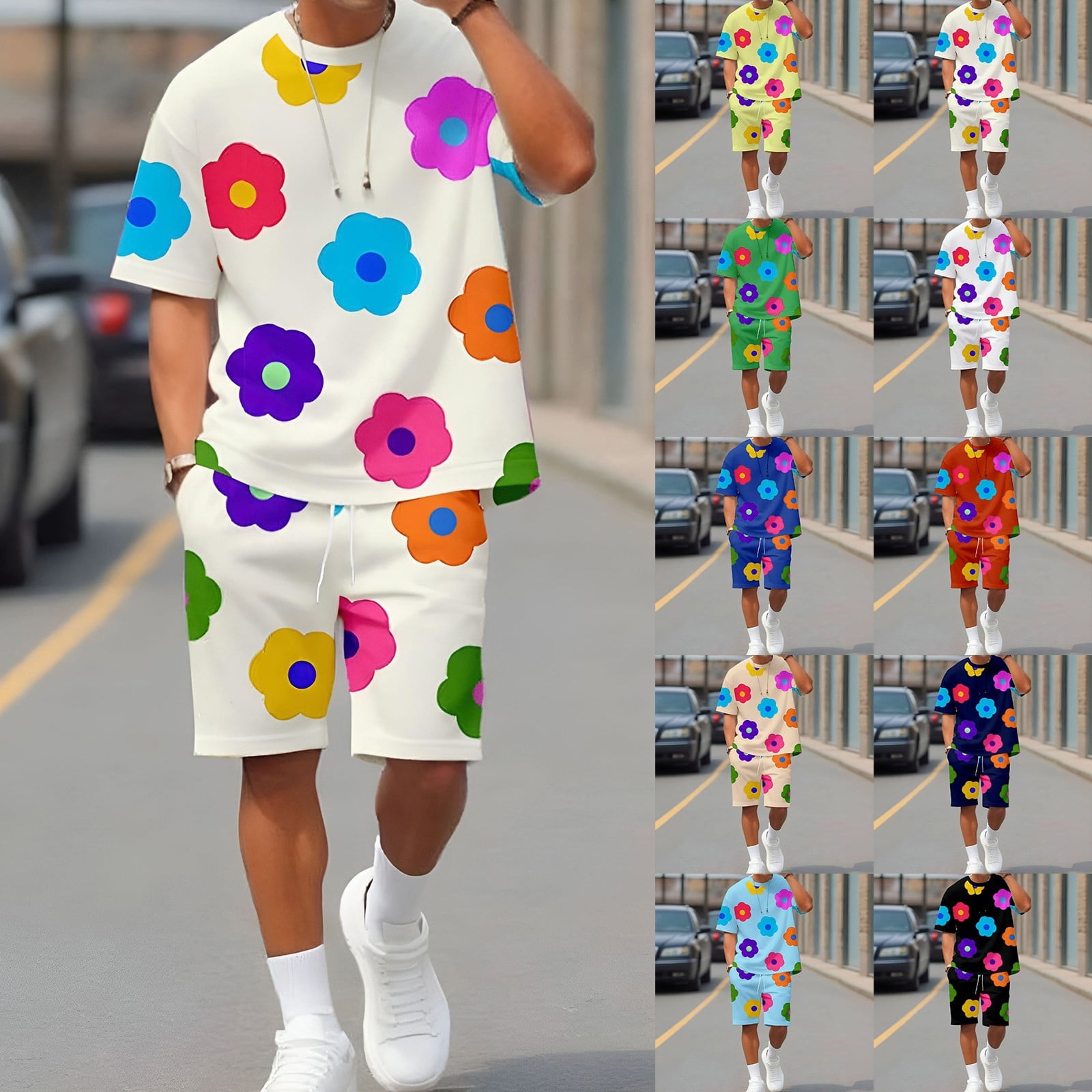 LEKDFST Mens 2 Piece Summer Outfits Floral Print Short Sleeve T Shirt ...