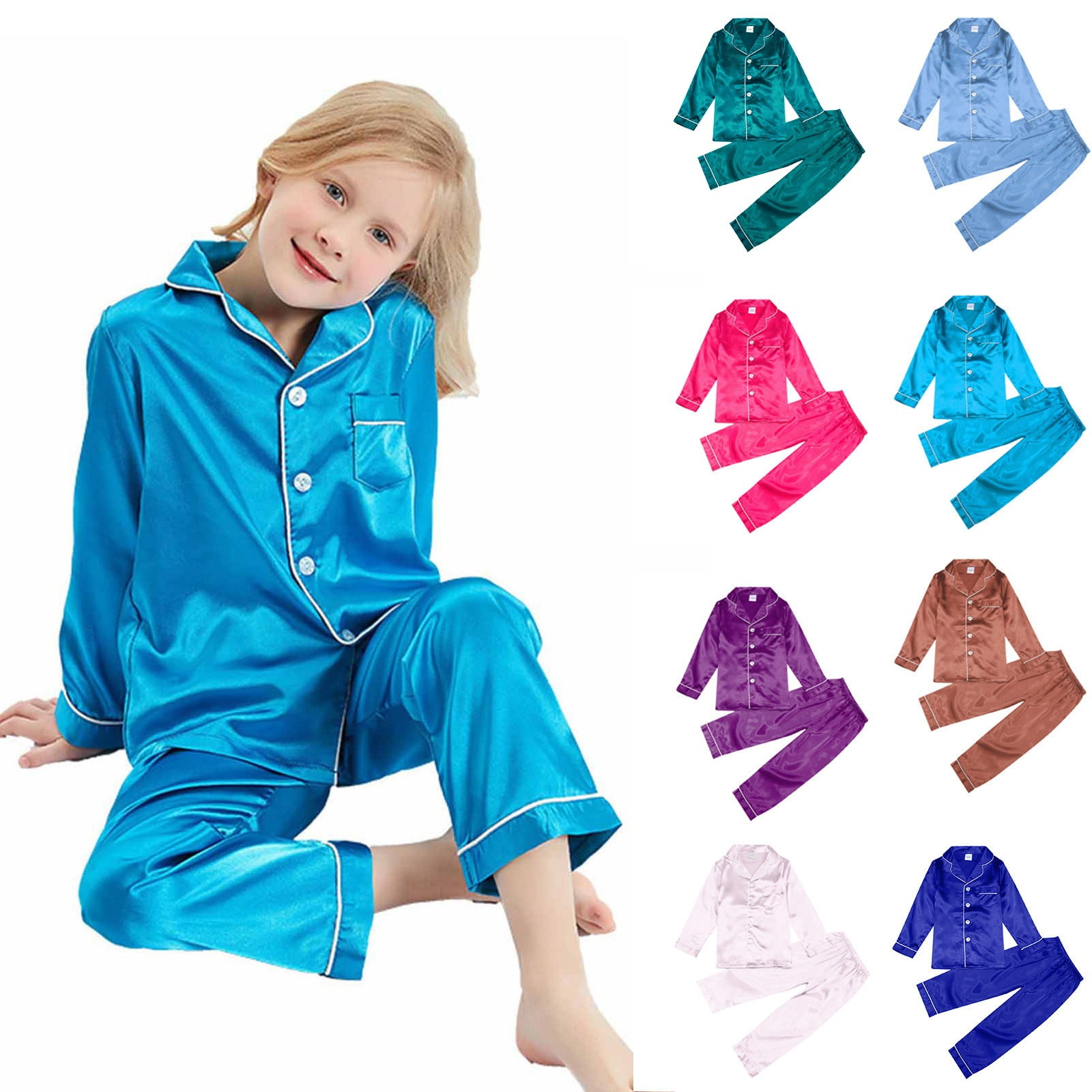 LEKDFST Toddler Girl Silk Pajamas Set Satin Solid Long Sleeve Button ...