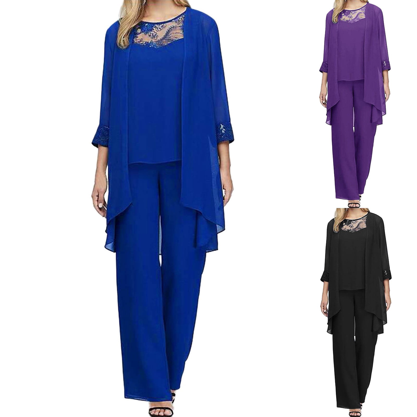 LEKDFST Women's Mother of Bride Pant Suits 3 Piece Plus Size Chiffon ...