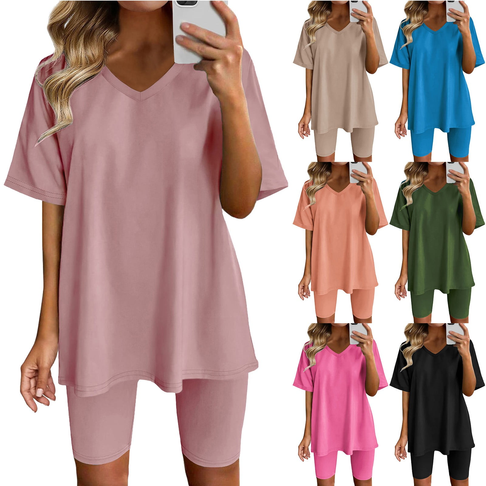 LEKDFST Womens 2 Piece Lounge Set 2025 Summer Travel Outfit Casual Short Sleeve Oversized ...