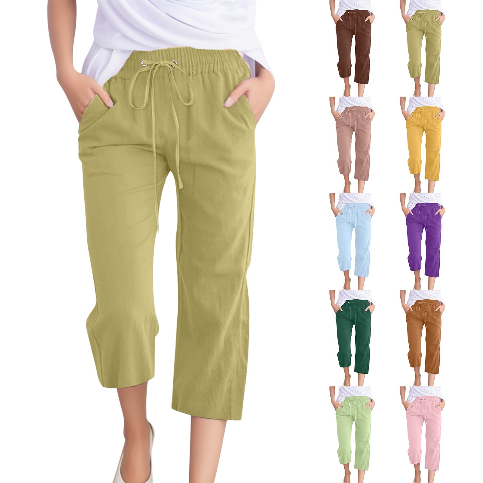 LEKDFST Womens Capri Pants Casual Summer Solid Color Elastic High Waist ...