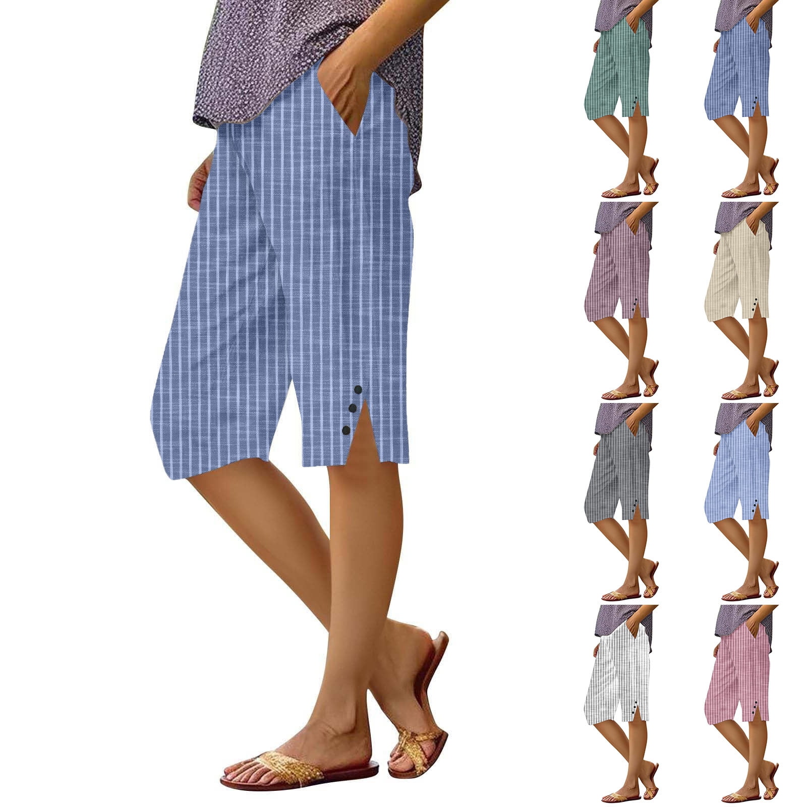 LEKDFST Womens Capris For Summer Dressy Elastic High Waist Striped ...