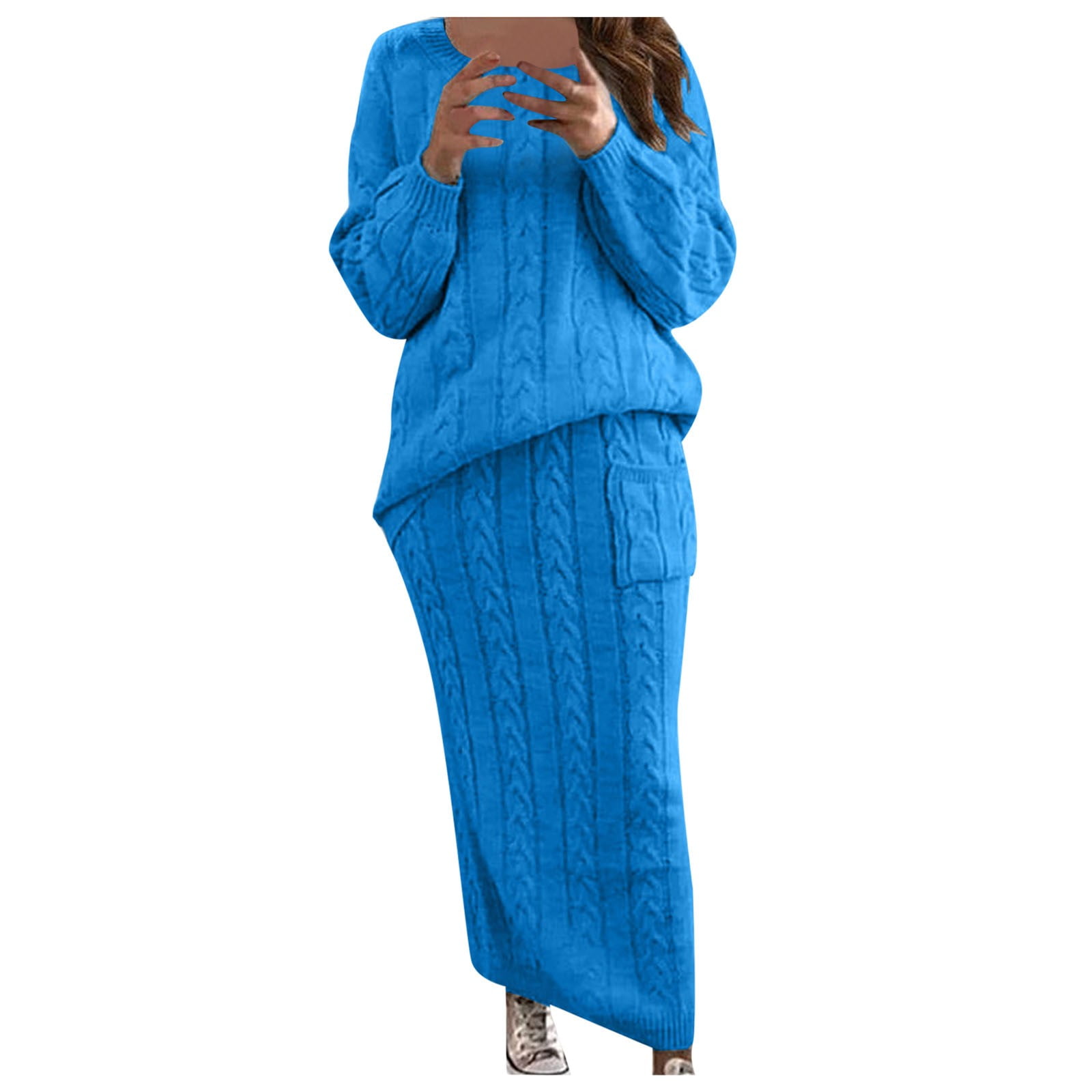 LEKODE 2 Piece Outfits Sweater Skirt Set Sweater Skirt Set Cable Knit ...