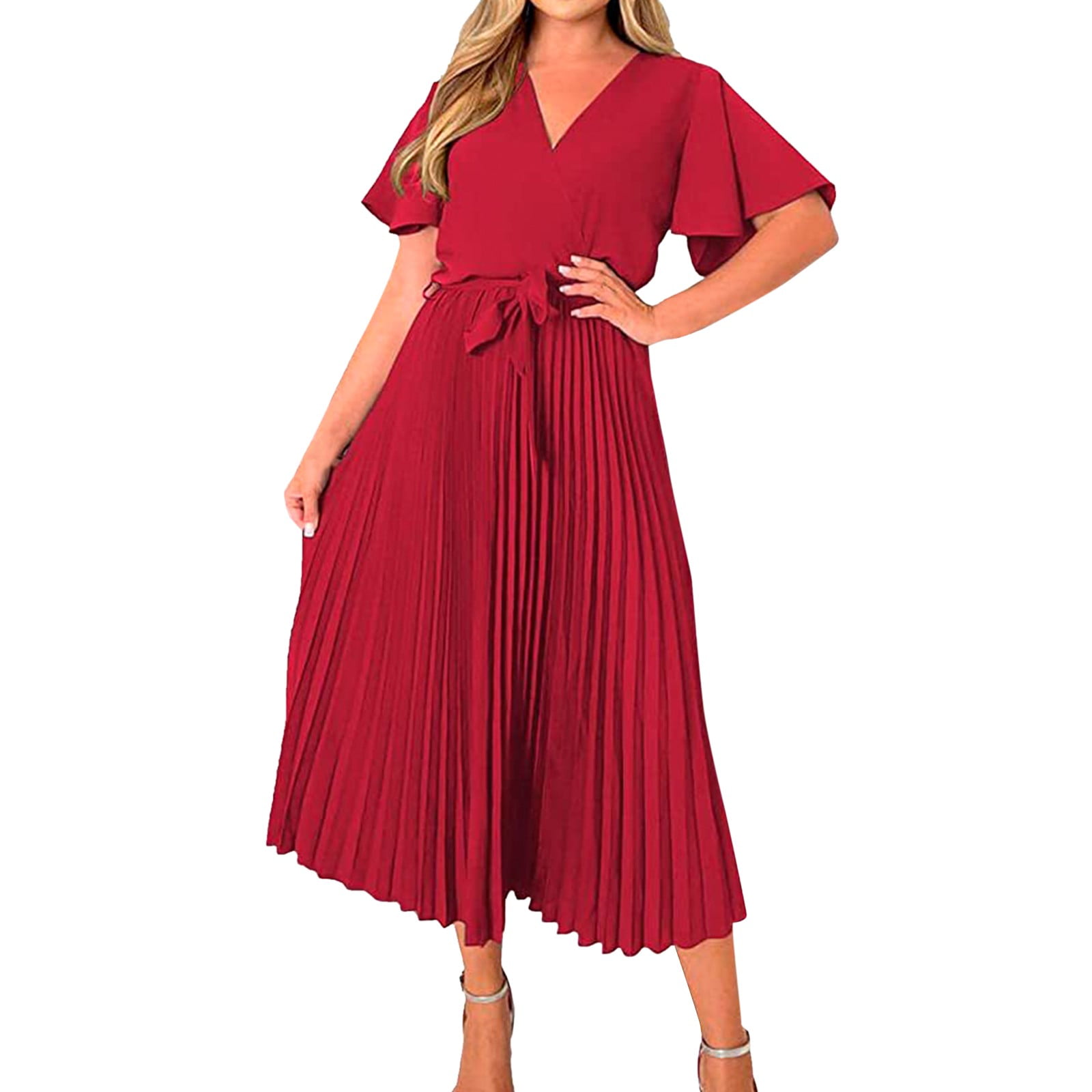 Lekode 2024 Women Casual Summer Dress Short Sleeve Wrap V Neck Dresses