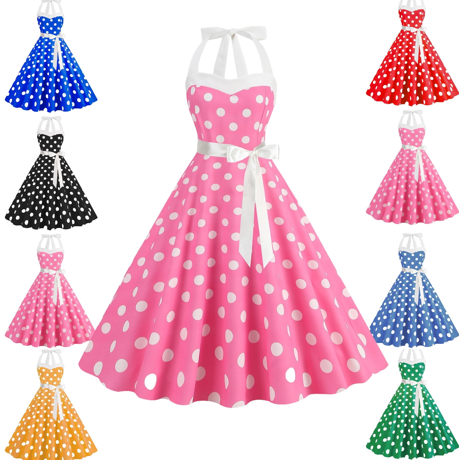 LEKWK 1950S Dresses for Women Vintage Polka-Dot Halter Dress Cocktail ...