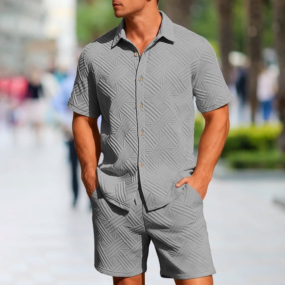 LEKWK 2 Piece Set for Men Loose Fit Solid Textured Beach Vacation ...