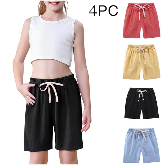 LEKWK 4 Pack Girls Boys Athletic Shorts Kid Drawstring Cotton Linen ...