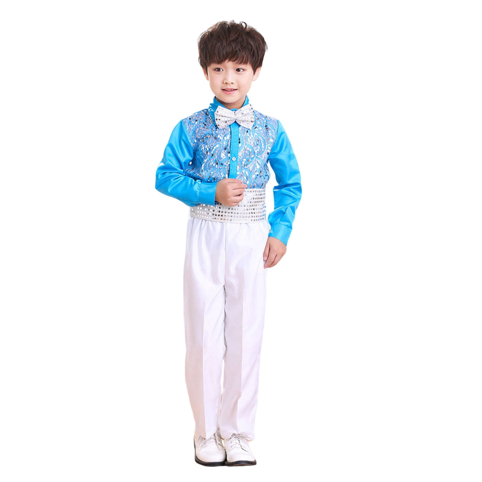 LEKWK Boys Stage Performance Outfit Long Sleeve Sequin Shirt Bowtie ...