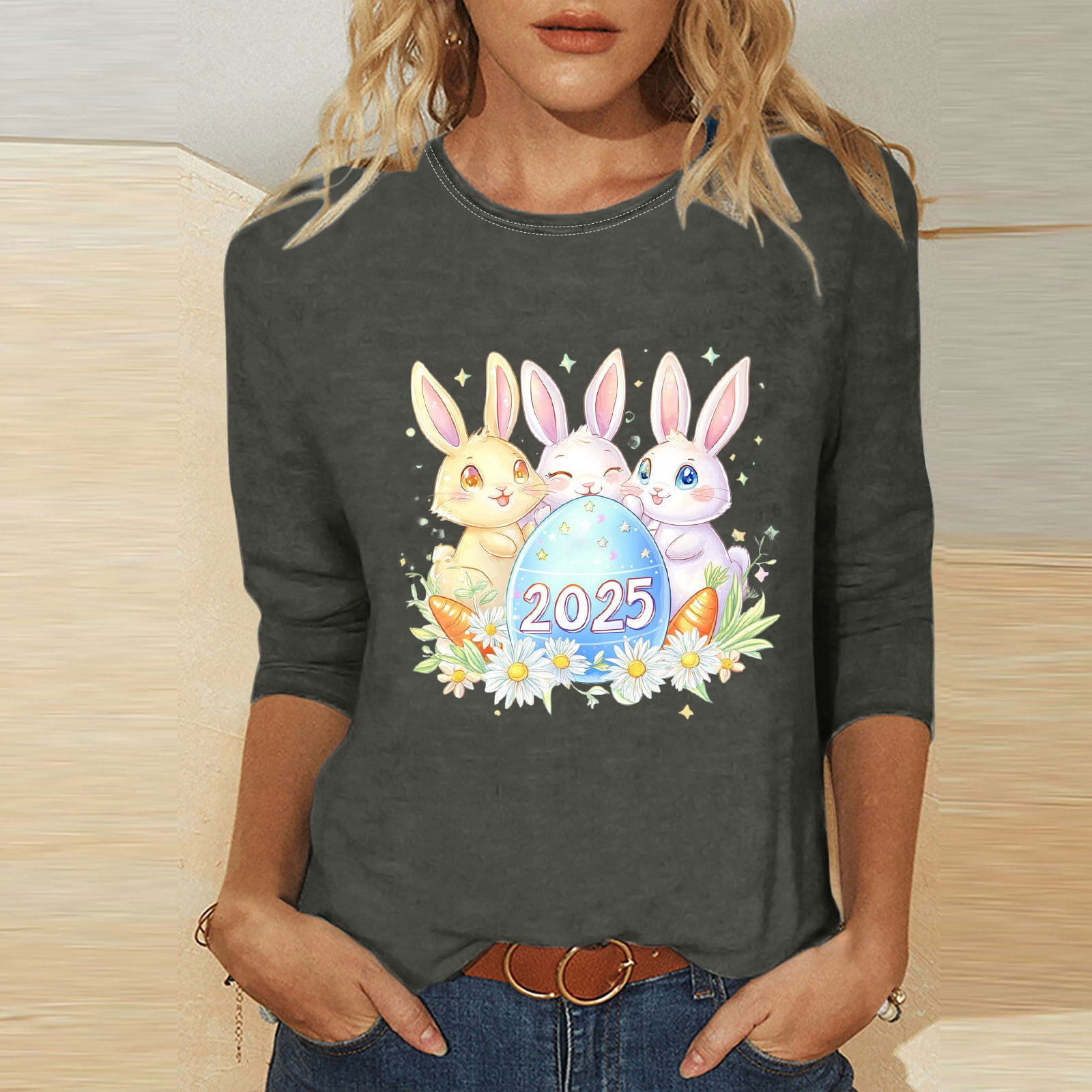 LEKWK Bunny Shirts for Women 3/4 Sleeve Going Out Tops Crewneck Casual ...