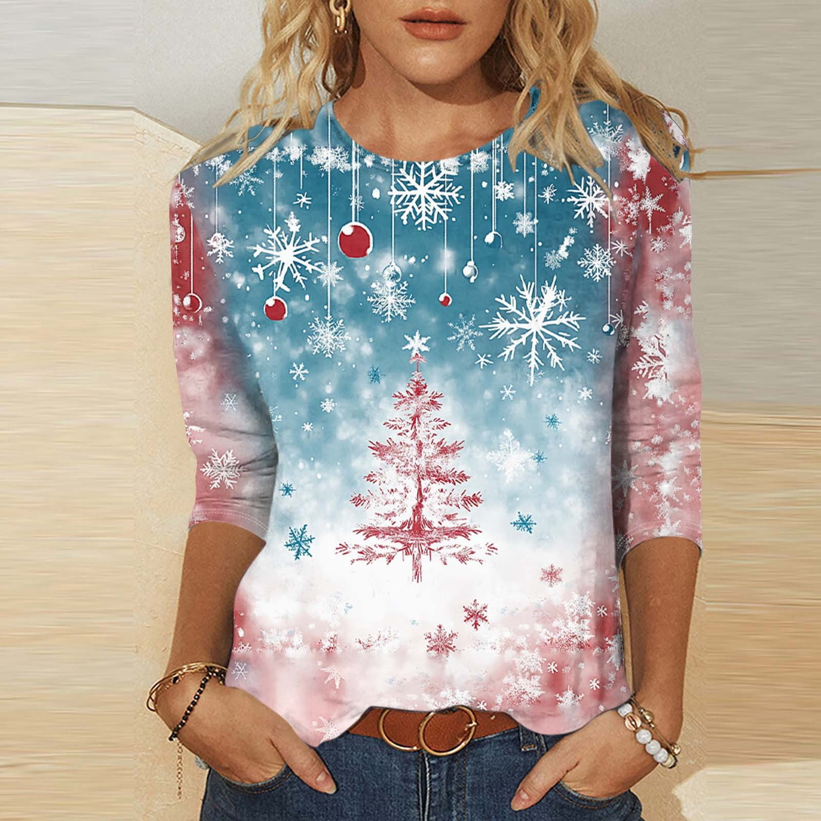 LEKWK Christmas Tree Shirts for Women 3/4 Sleeve Xmas Plus Size Tops ...