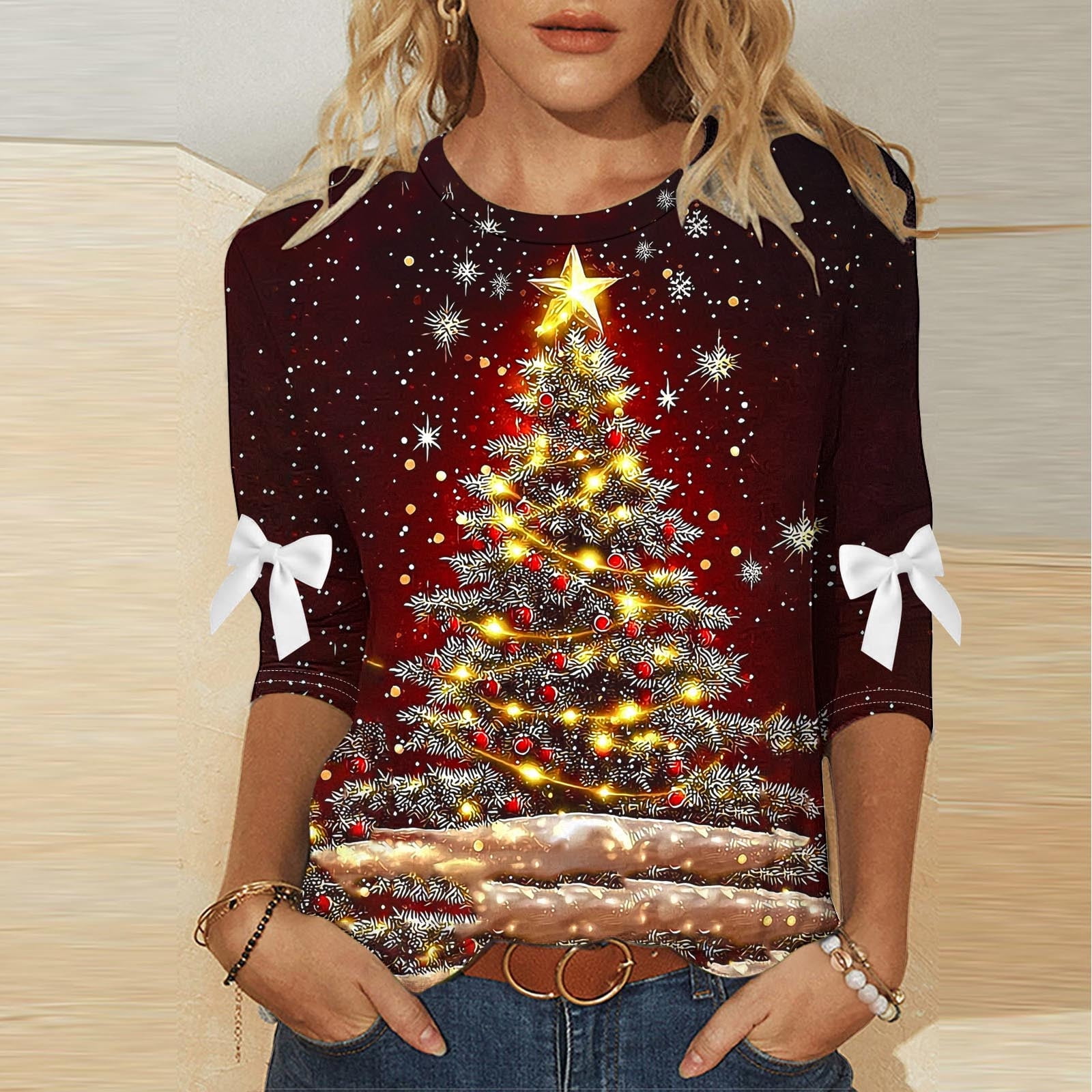 LEKWK Christmas Women Tshirts Graphic Xmas Tree Crew Neck 3/4 Sleeve ...