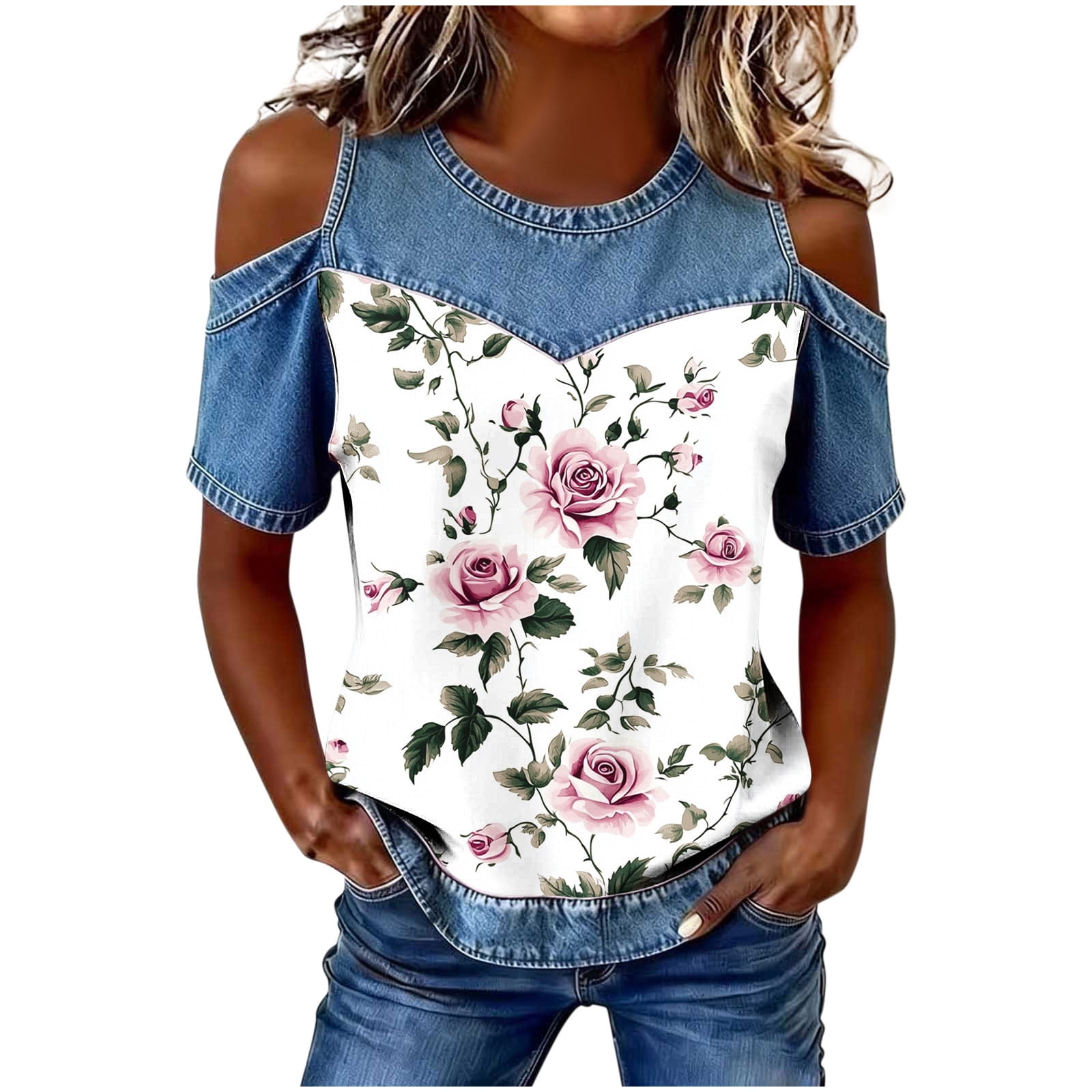 LEKWK Cold Shoulder Tops for Women Short Sleeve Crew Neck Casual ...