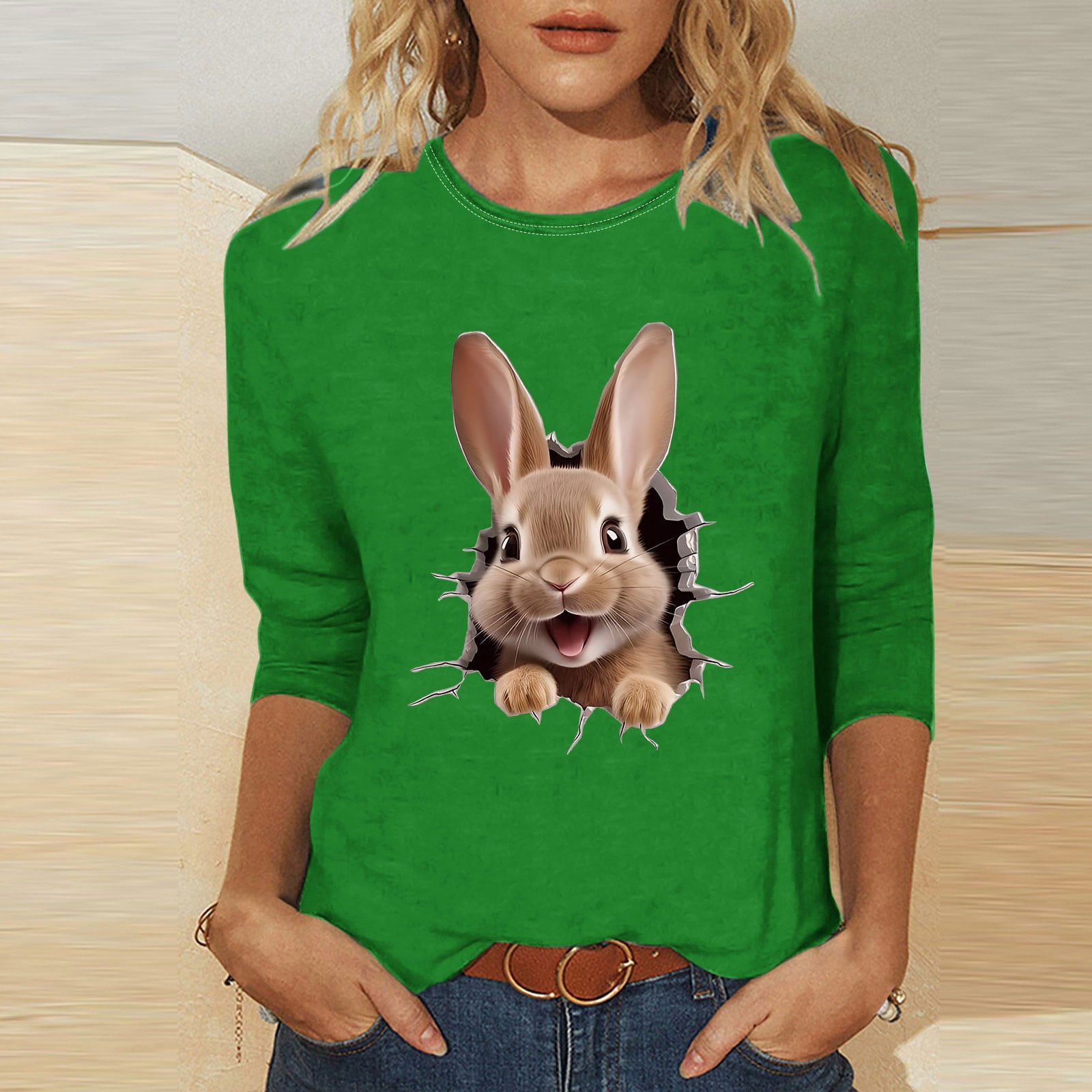 LEKWK Easter Blouses for Women 2025 3/4 Sleeve Going Out Tops Crewneck ...