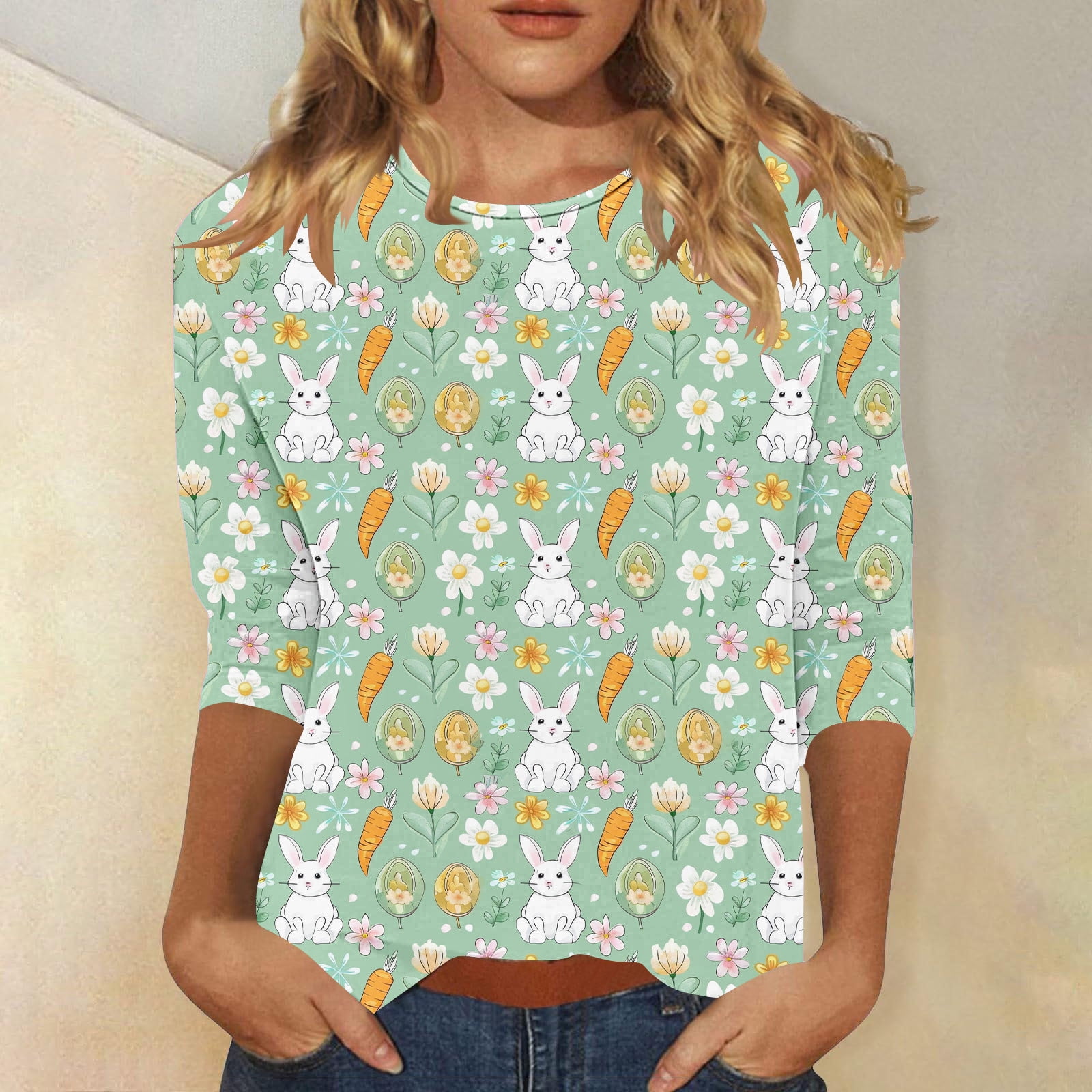 LEKWK Easter Blouses for Women 2025 Cute Bunny Shirts 3/4 Sleeve Going ...