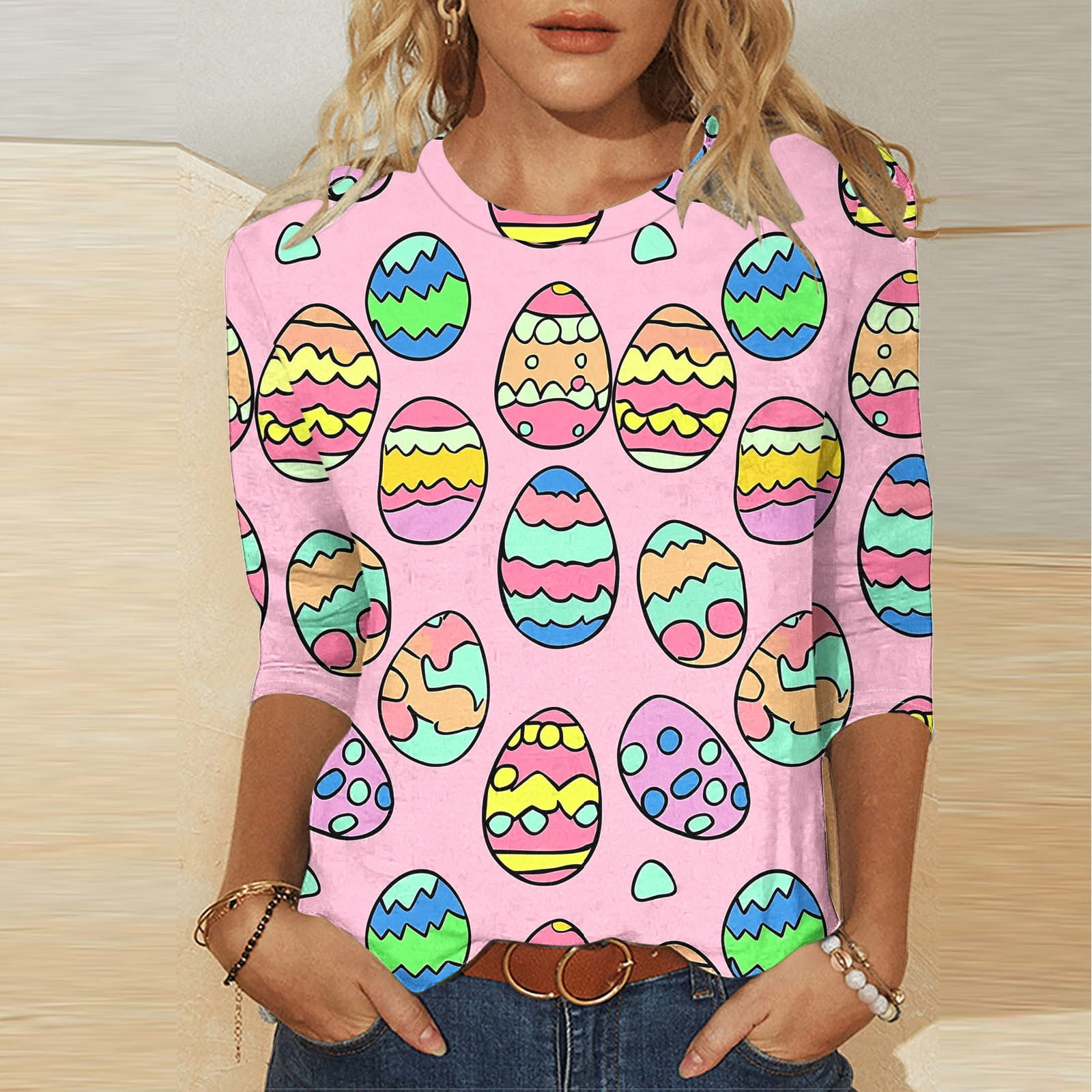 LEKWK Easter Shirts for Women Trendy 3/4 Sleeve Crew Neck Tshirt Funny ...