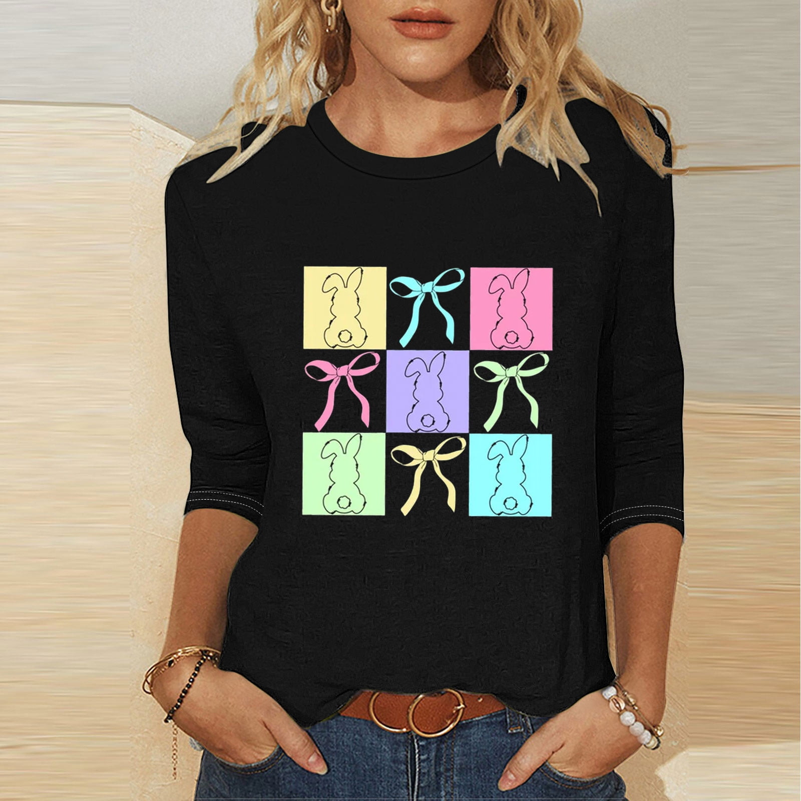 LEKWK Easter Womens Shirts Cute Bunny Shirts 3/4 Sleeve Going Out Tops ...