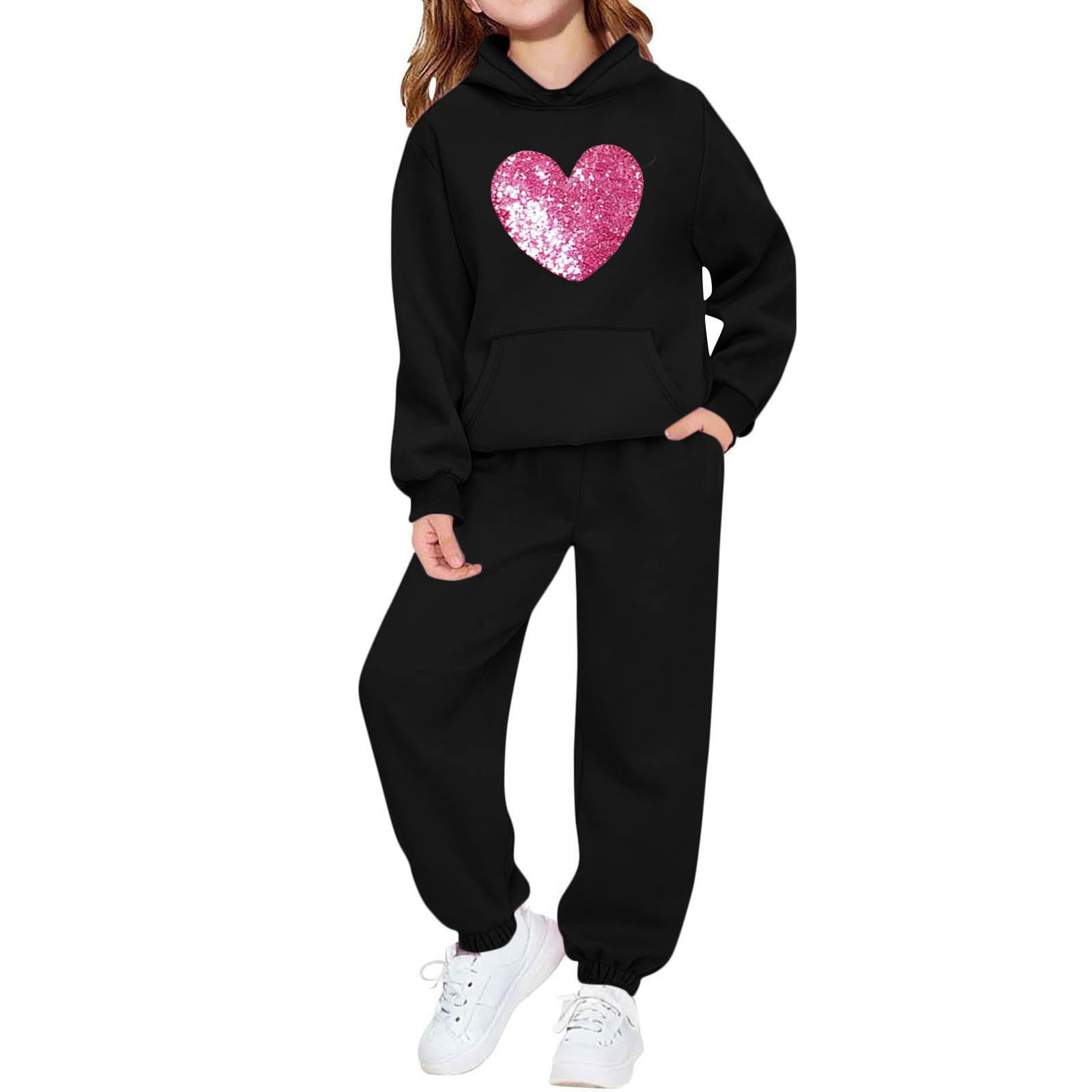 LEKWK Girls 2-Piece Sweatsuit Set Glitter Heart Graphic Hooded ...