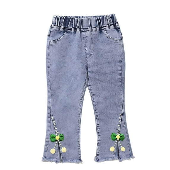 LEKWK Girls Flare Pants Elastic Waist Denim Trousers Polka Dot Bow Hem ...