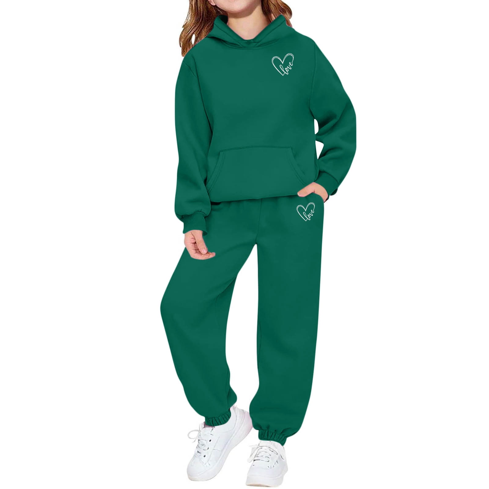 LEKWK Girls Love Heart Print Tracksuit Set Long Sleeve Hooded ...
