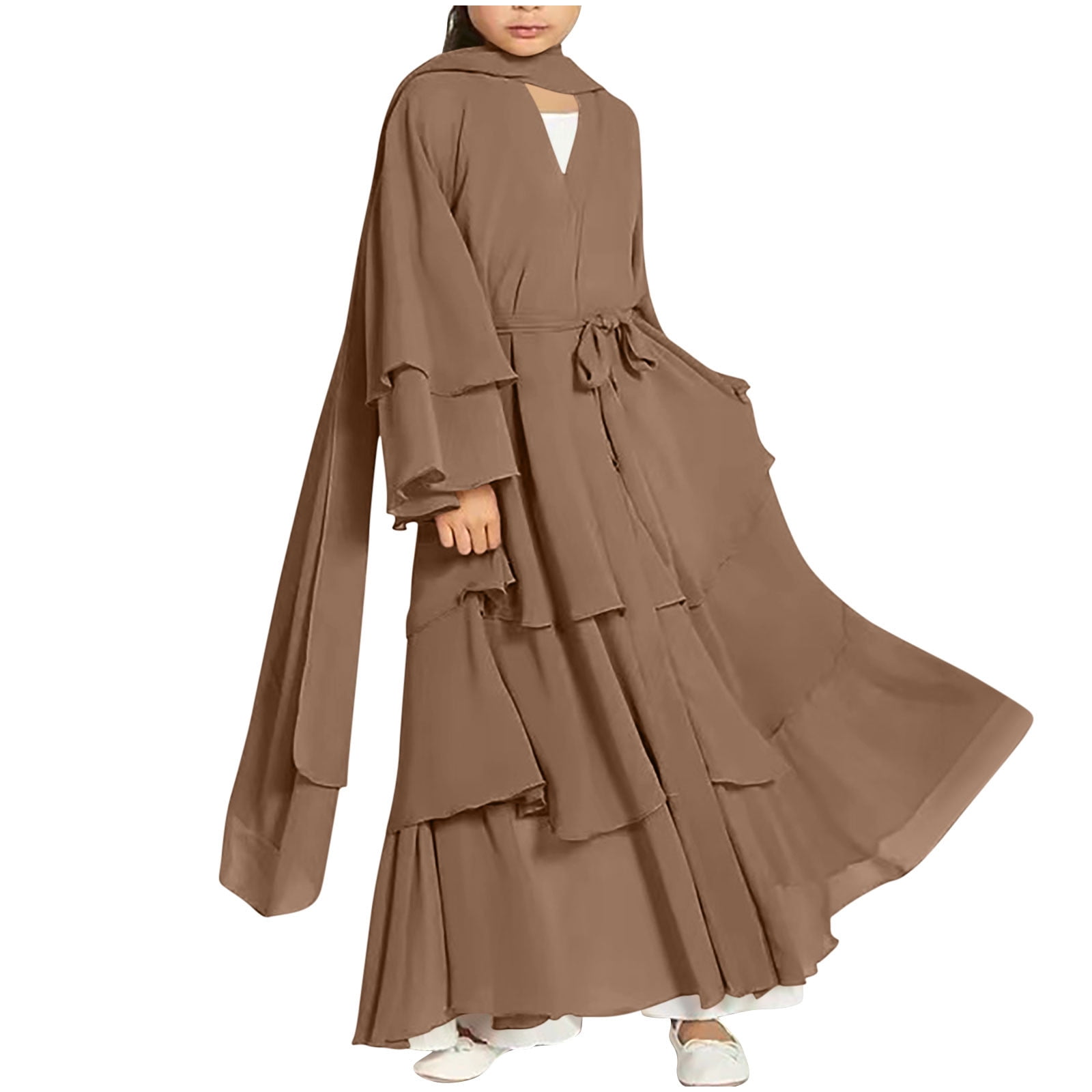 LEKWK Layered Ruffle Abaya Set for Kids Girls Long Sleeve Maxi Dress ...