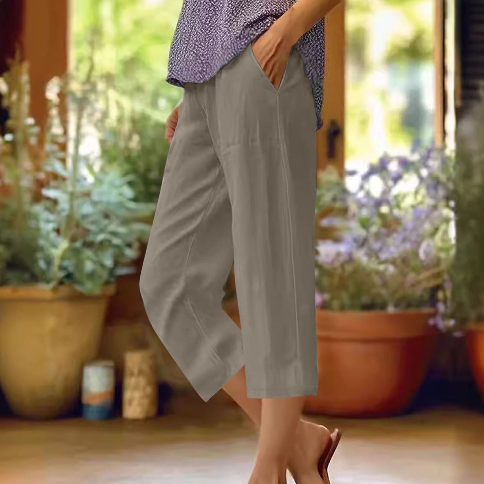 LEKWK Linen Capris for Women Straight Leg Lightweight Pull on Cropped ...