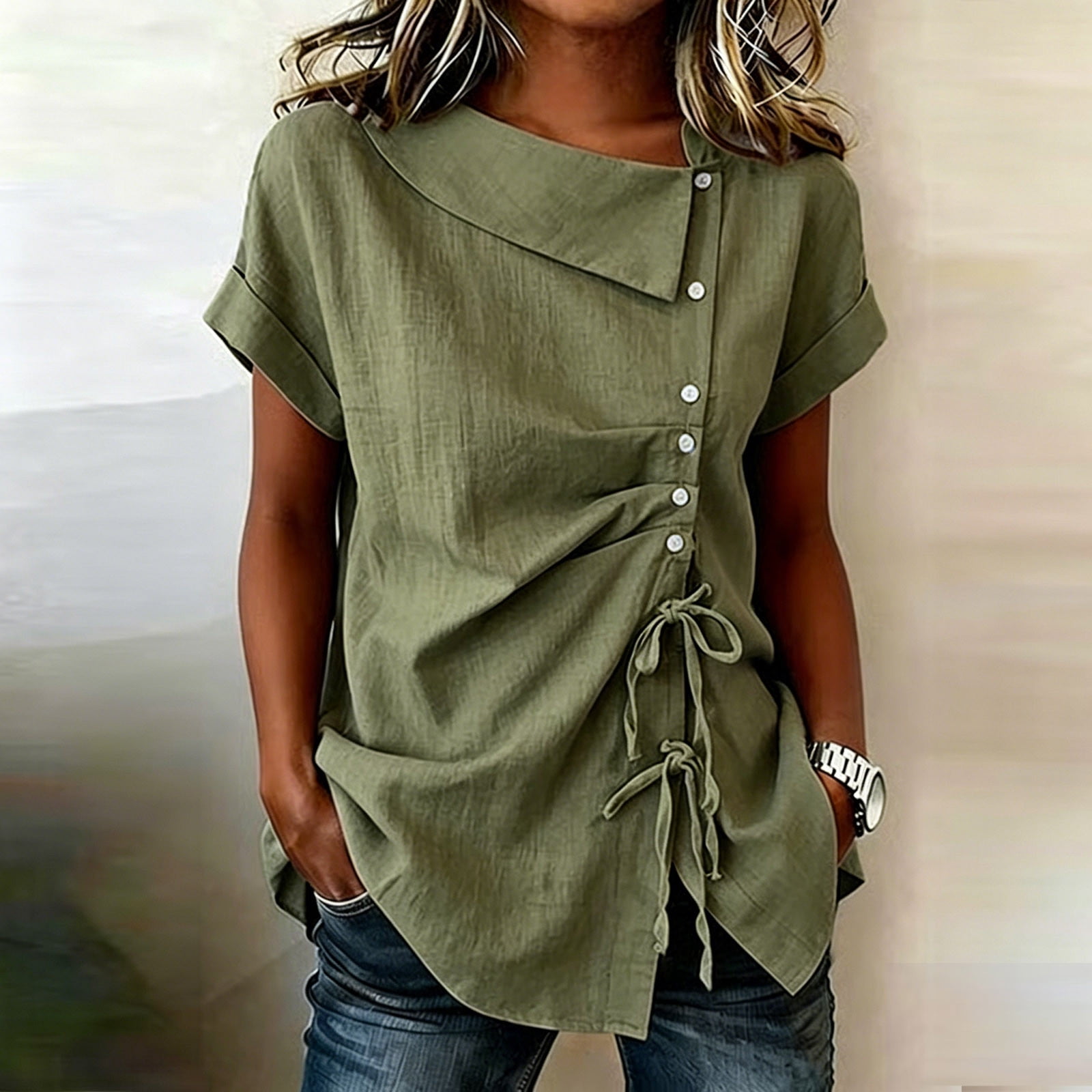 LEKWK Linen Shirts for Women Tie Front Short Sleeve Casual Dressy ...