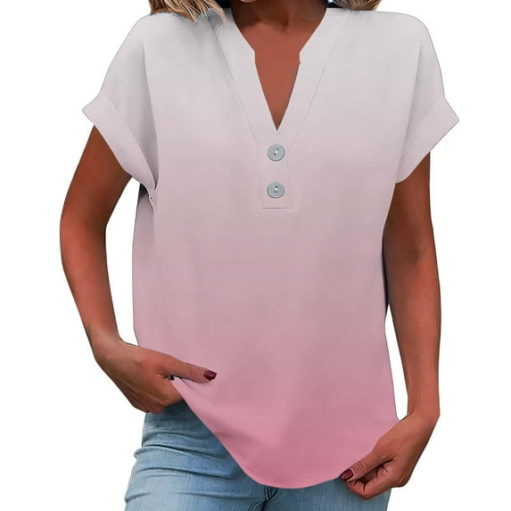 LEKWK Linen Tops for Women Gradient Color Block V Neck Summer Tops Cap ...