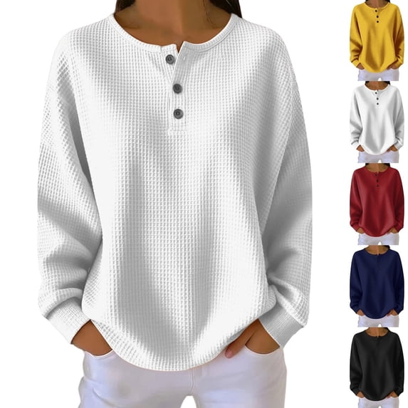 LEKWK Long Sleeve Tops for Women Waffle Knit Button V Neck Henley Basic ...