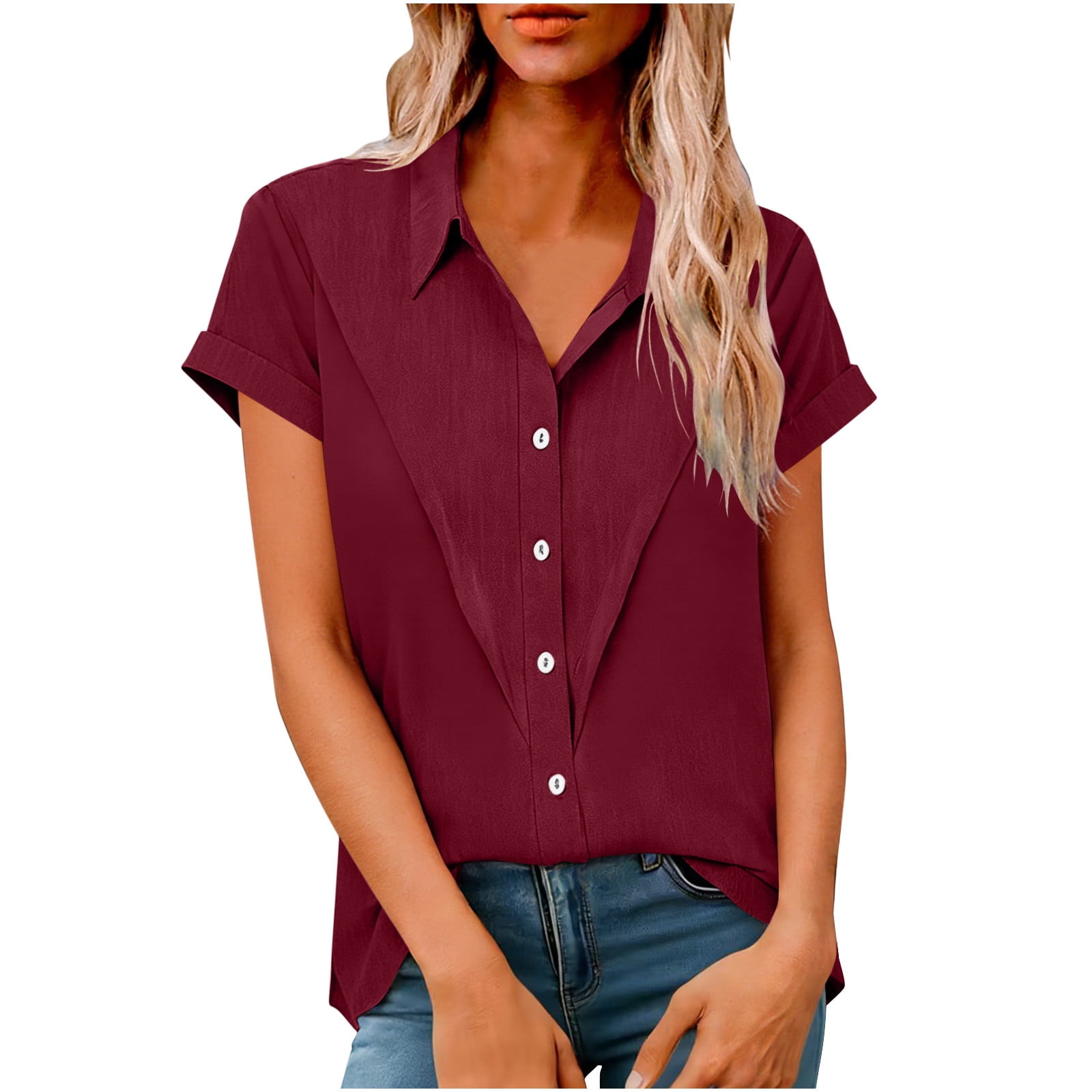 LEKWK Plus Size Linen Tops for Women Lapel Neck Button up Summer ...