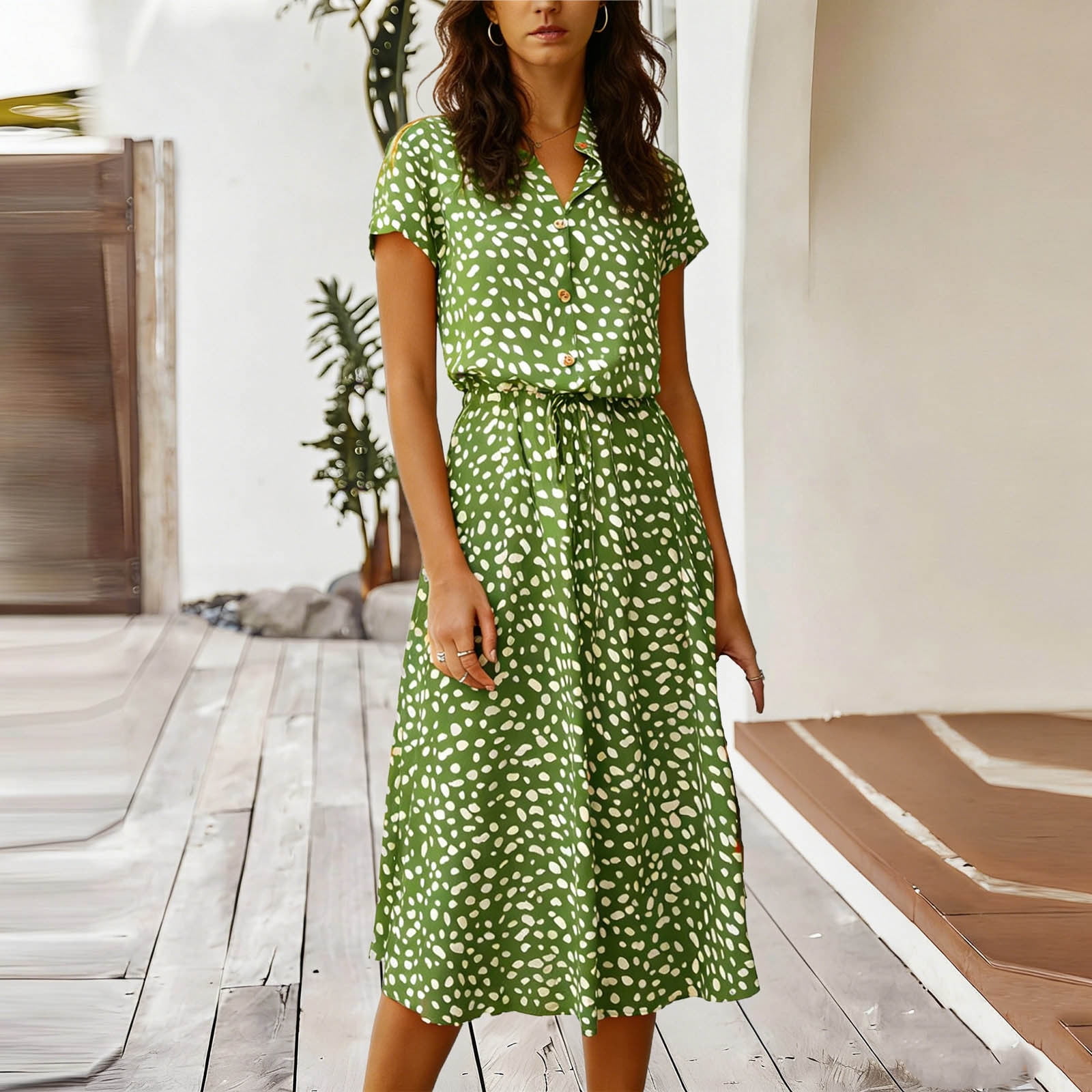 LEKWK Summer Dresses for Women Polka-Dot Short Sleeve Midi Dress V Neck ...