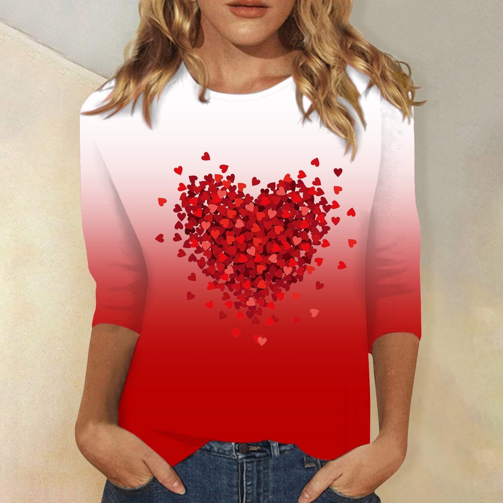 LEKWK Valentines Day Shirts Women Trendy Cute Heart Graphic T-Shirt Valentine's Day Shirts 3/4 ...