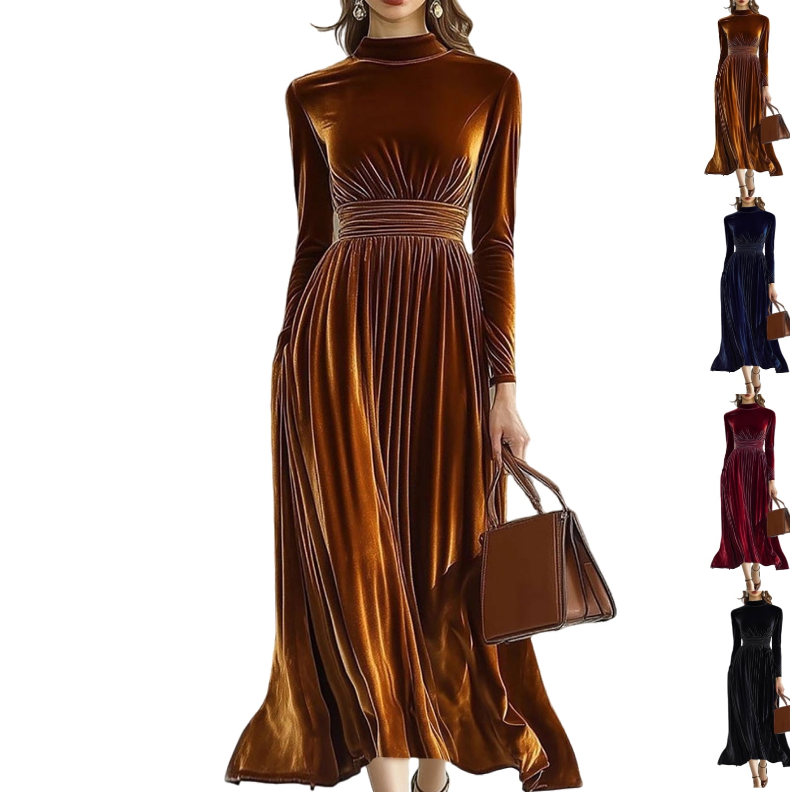 LEKWK Velvet Dress for Women Elegant Long Sleeve Mock Neck Maxi Dress ...
